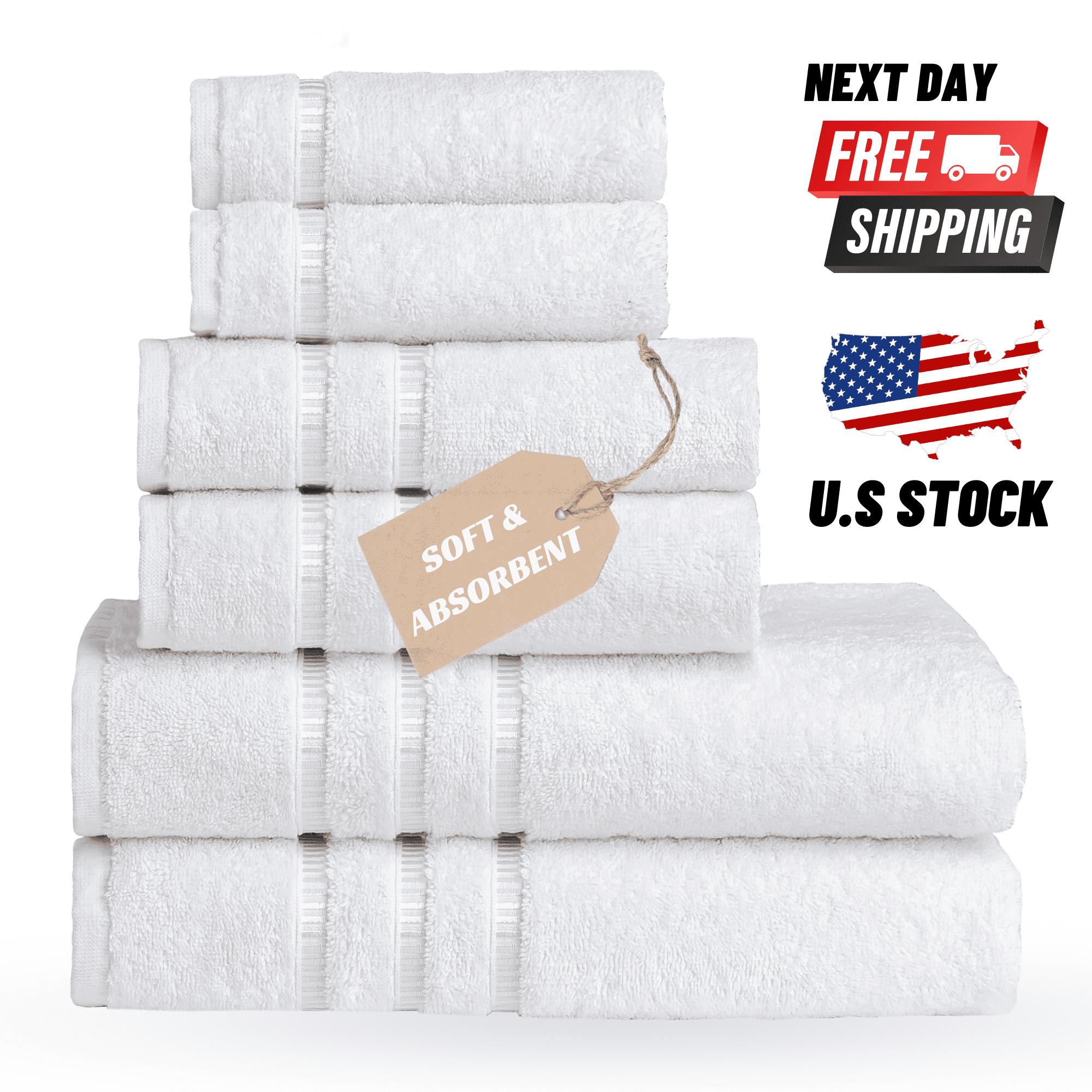 100% Cotton 6-Piece Towel Set - Absorbent and Fade Resistant Bath ...