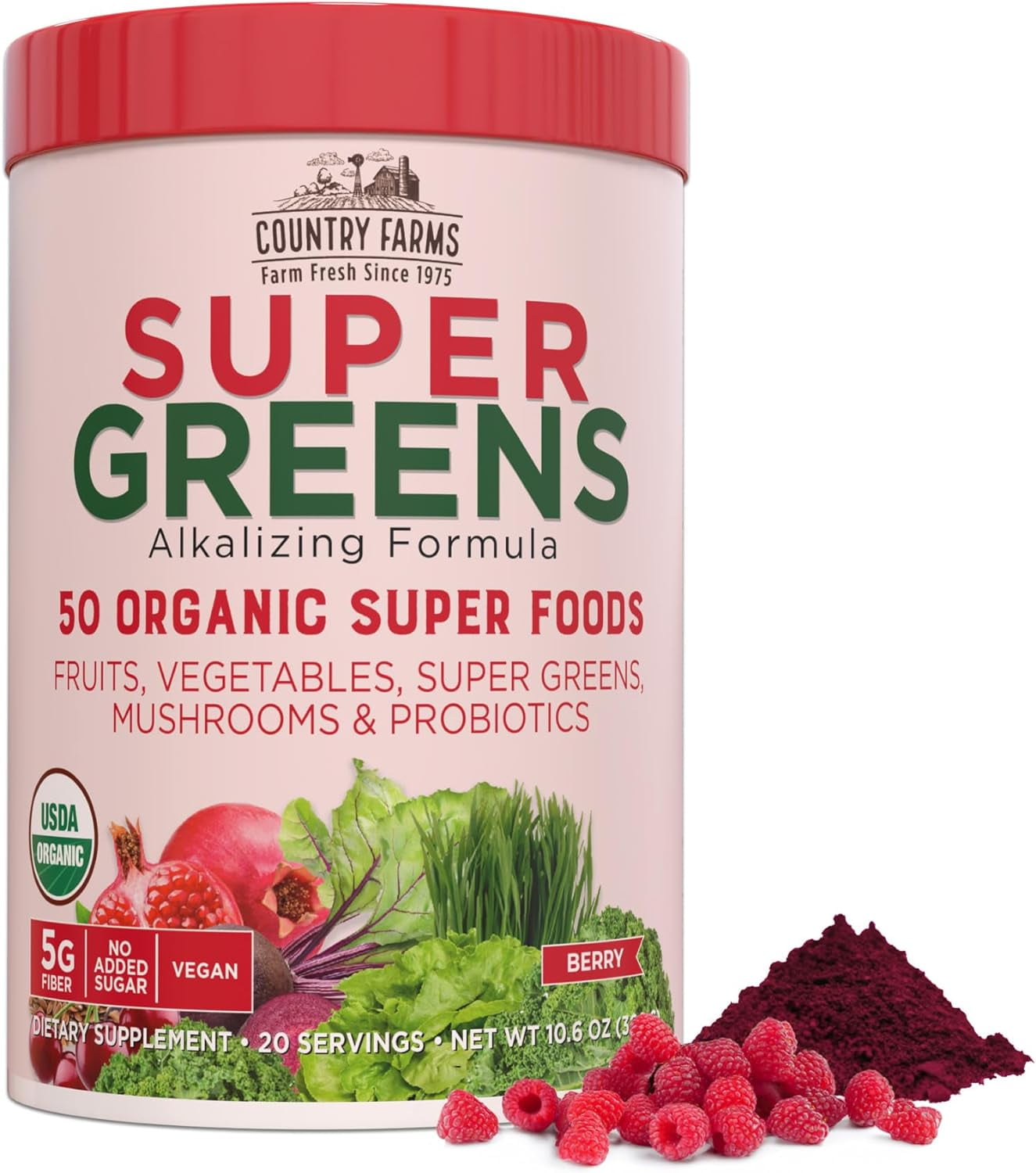COUNTRY FARMS Super Greens Berry Flavor, 50 Organic Super Foods, USDA ...