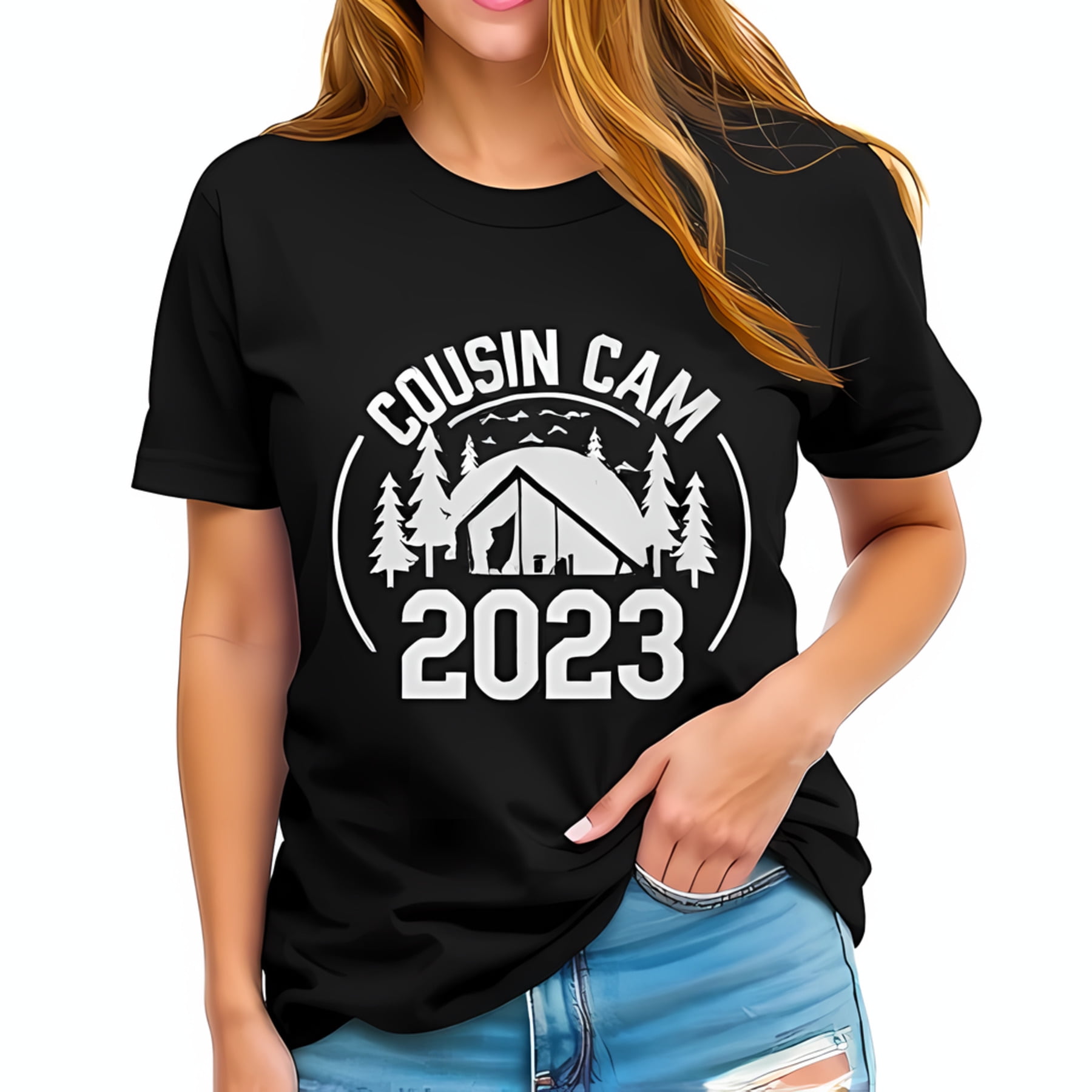 COUSIN CAM 2023 Cotton Short Sleeve T-Shirt - Bold Typography with Camping Graphic Design ...
