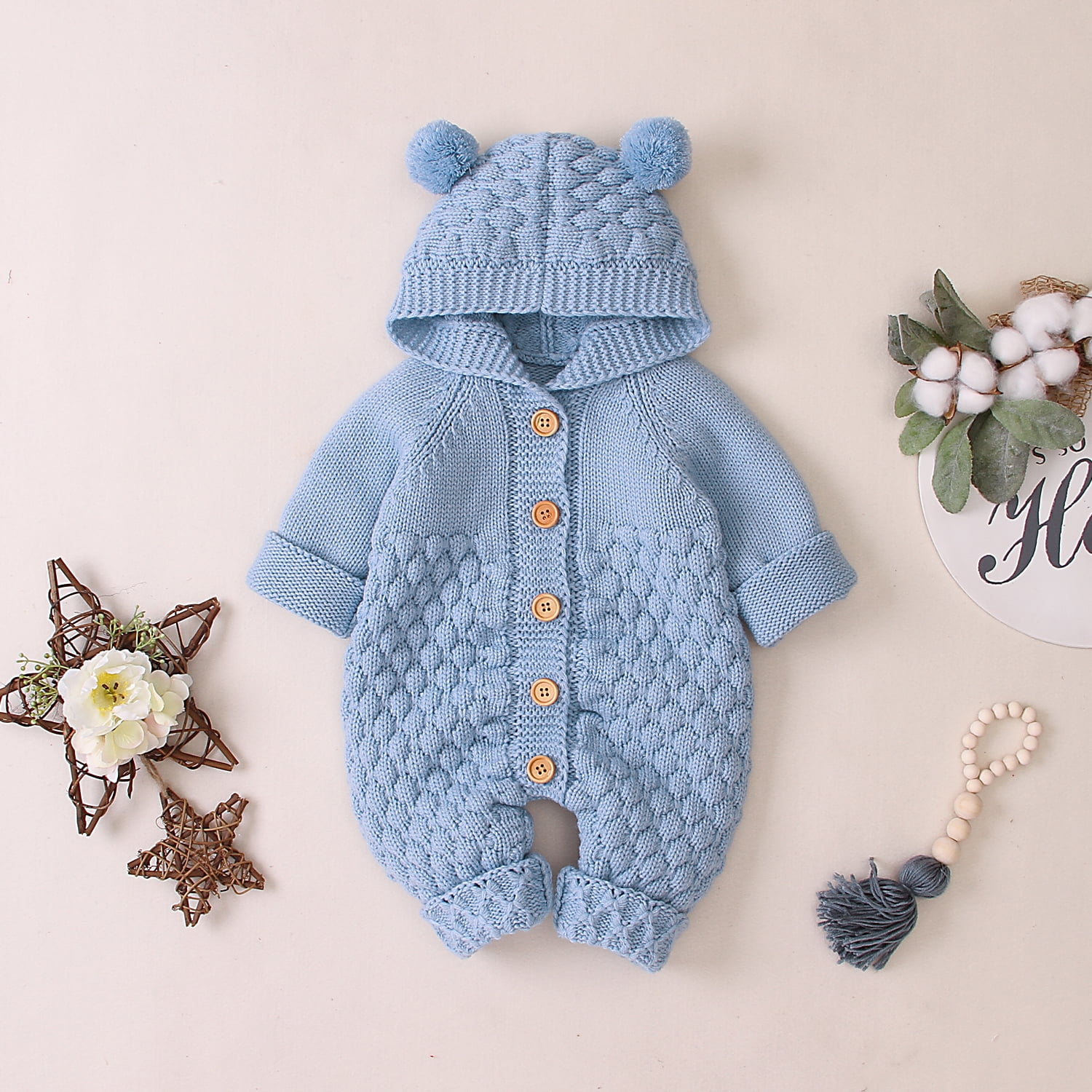COUTEXYI Newborn Baby Boy Girls Bear Ear Knit Romper Hooded Wool ...