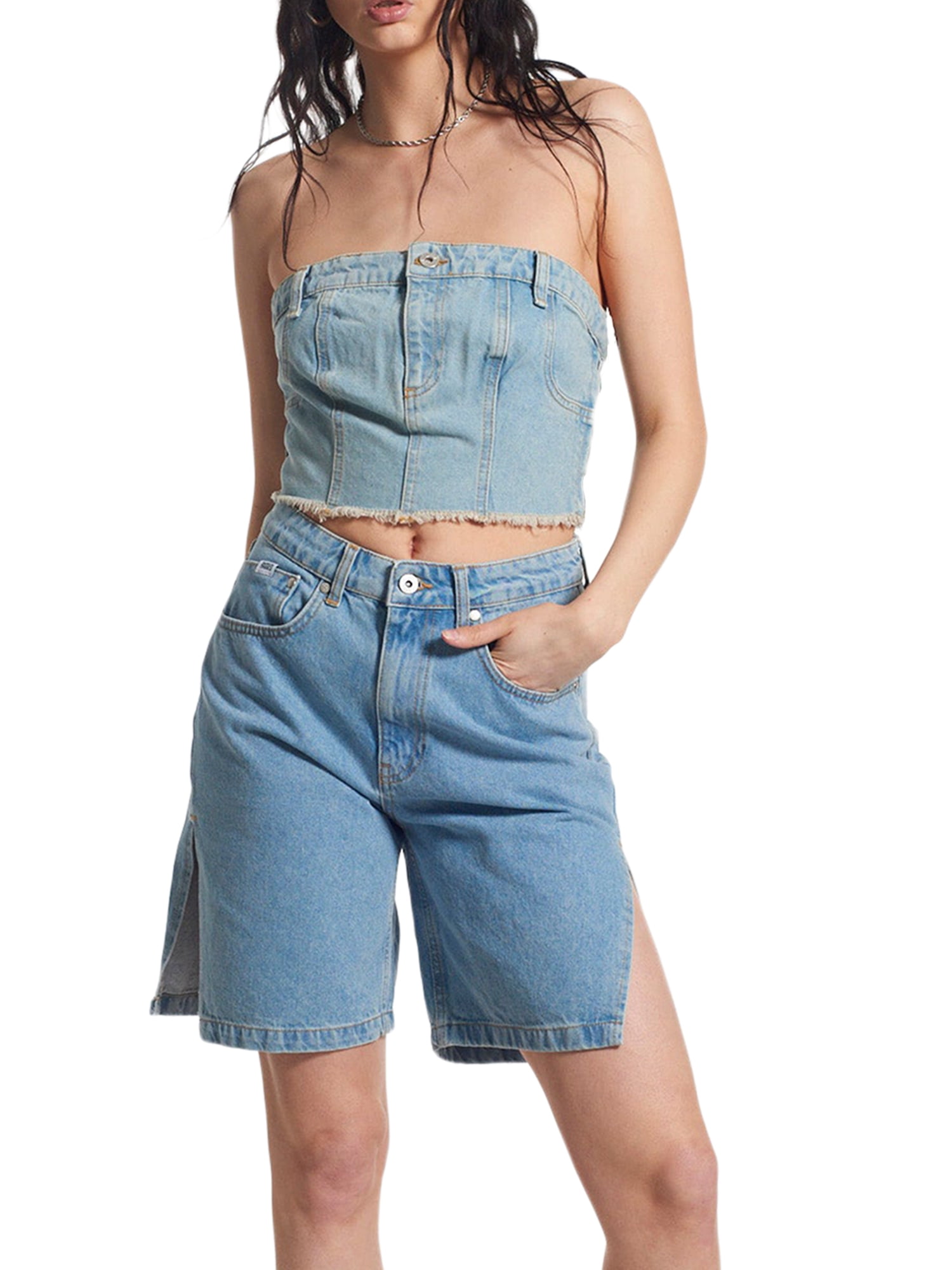 COUTEXYI Women Denim Tube Tops Button Frayed Hem Boat Neck Strapless ...
