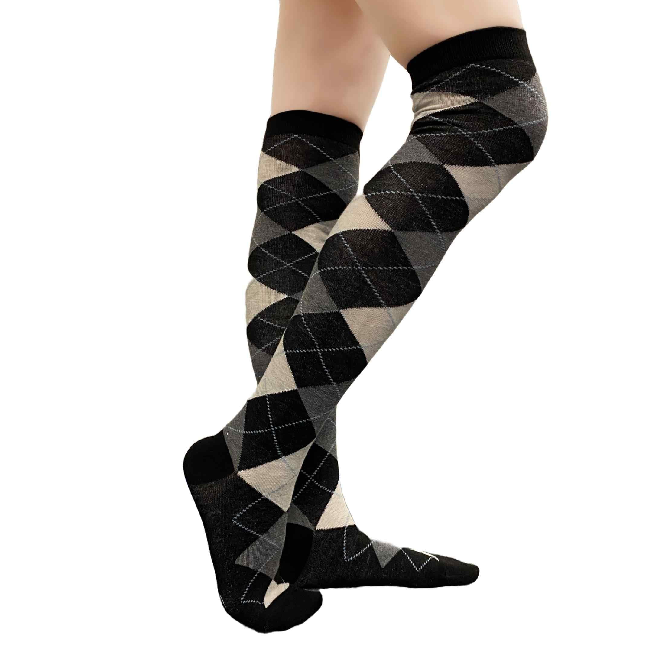 COUVER Women's Thigh High/Over Knee Fashion Argyle Socks, Black/Ash ...