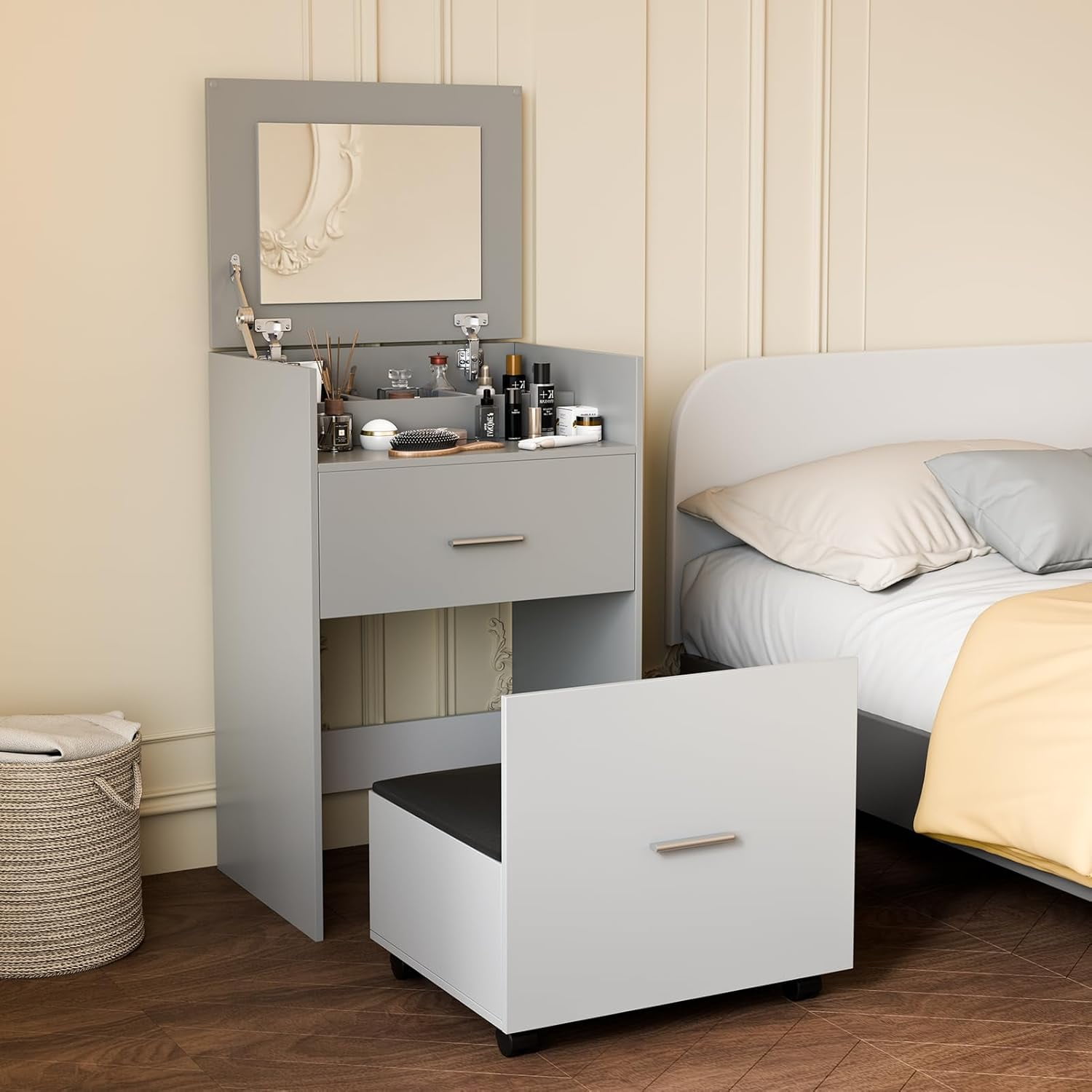 COUZOVA 3 in 1 Vanity Desk with Flip Top Mirror and Stool,Compact ...
