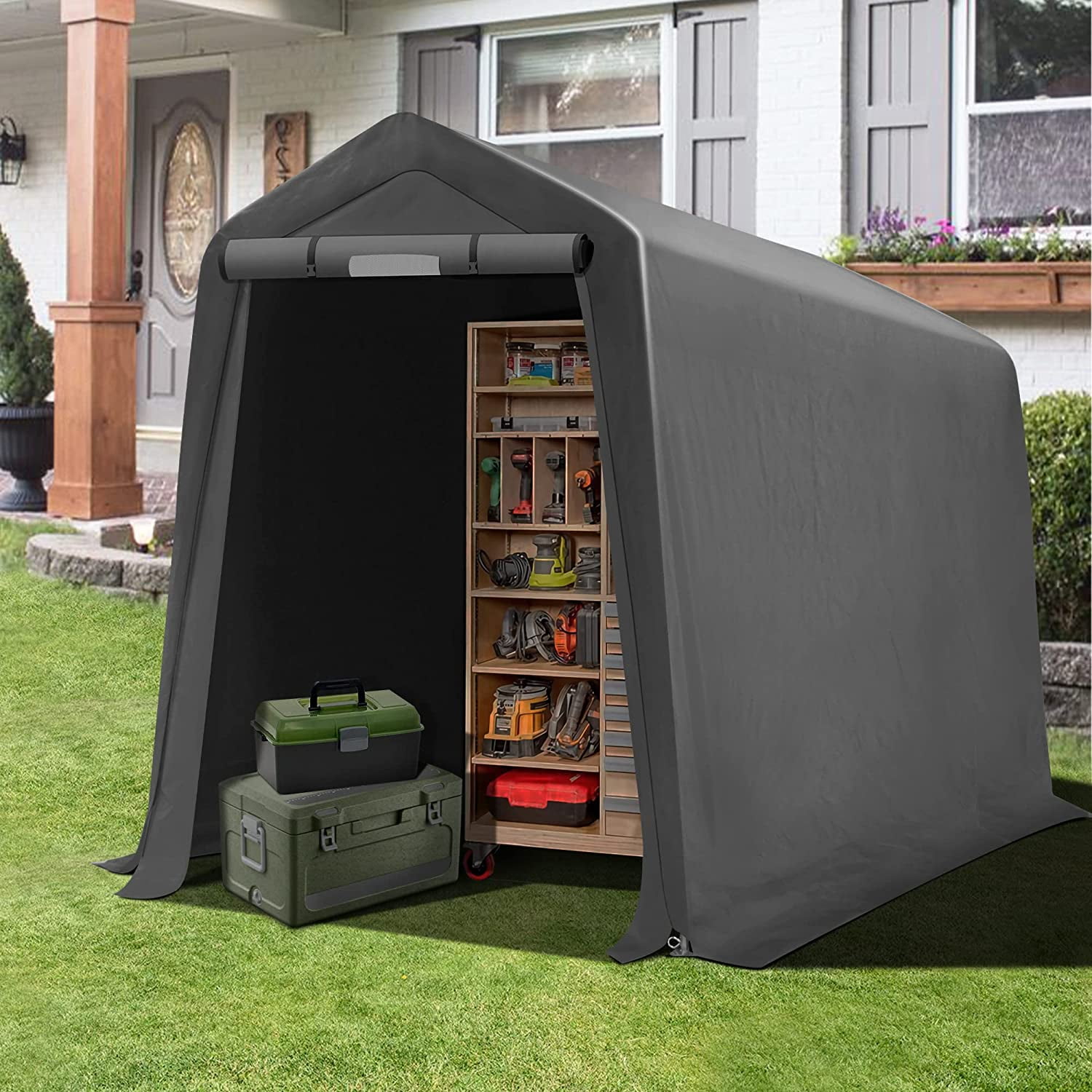 COVERONICS 6' x 7' Storage Shelter - Outdoor Portable Shed with Roll-up Ventilated Windows ...