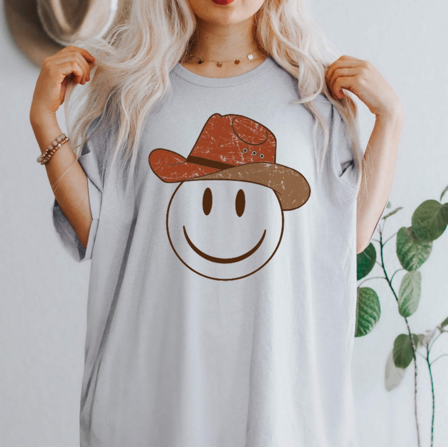 COWBOY SMILEY HAPPY FACE Grpahic Short sleeve Tees - Walmart.com