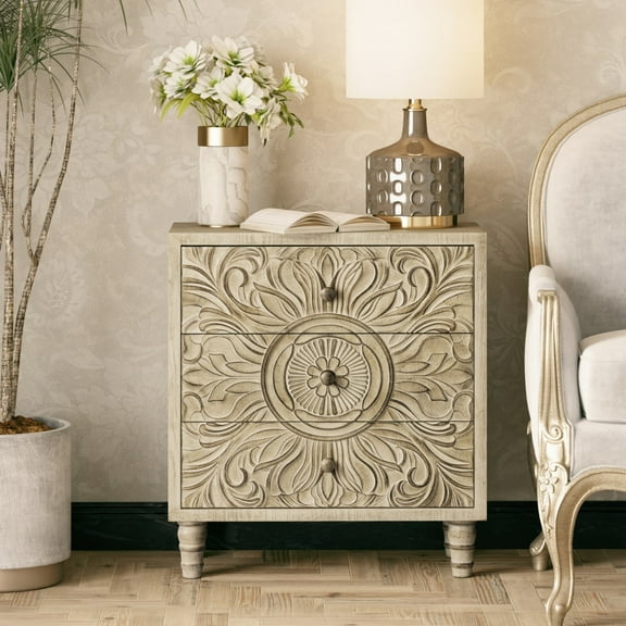 COZAYH Farmhouse Storage Cabinet with Carved Flower Motif Front ...