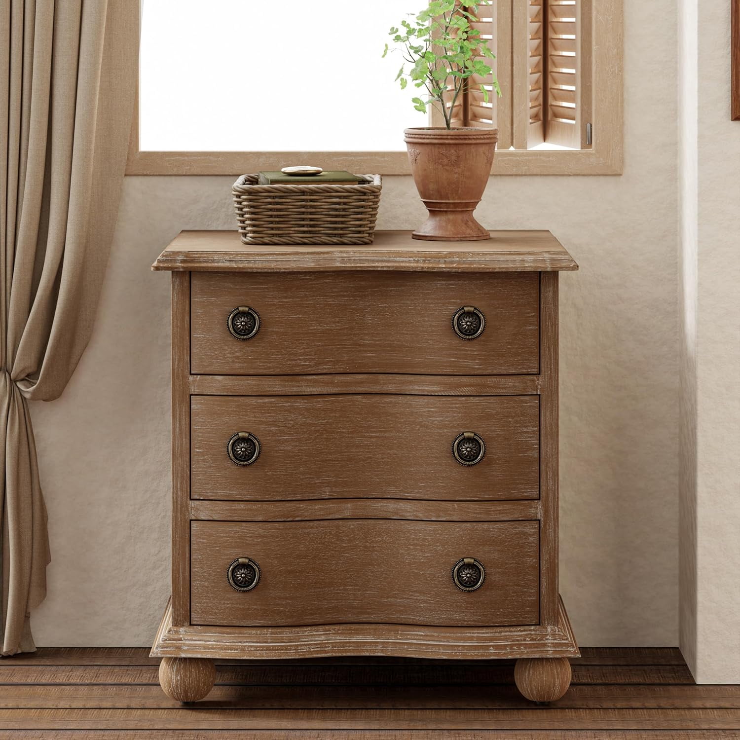 COZAYH Farmhouse 3 Drawer Nightstand with Distressed Wood Finish ...