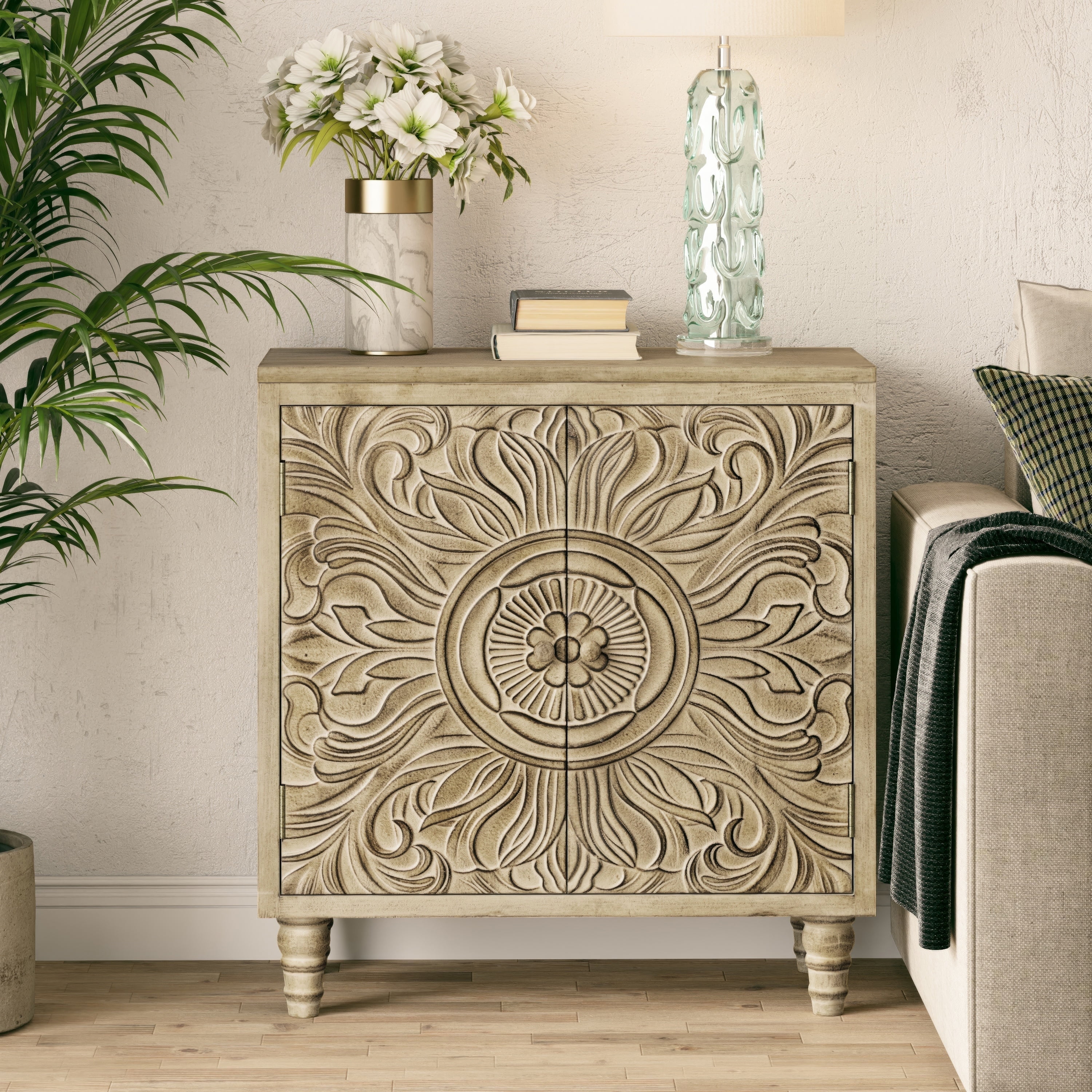 COZAYH Farmhouse Storage Cabinet with Carved Flower Motif, Distressed ...