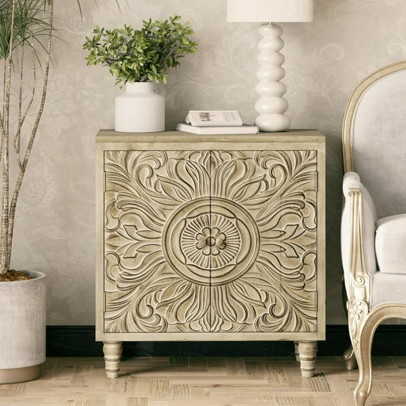 COZAYH Farmhouse Storage Cabinet with Carved Flower Motif Front ...