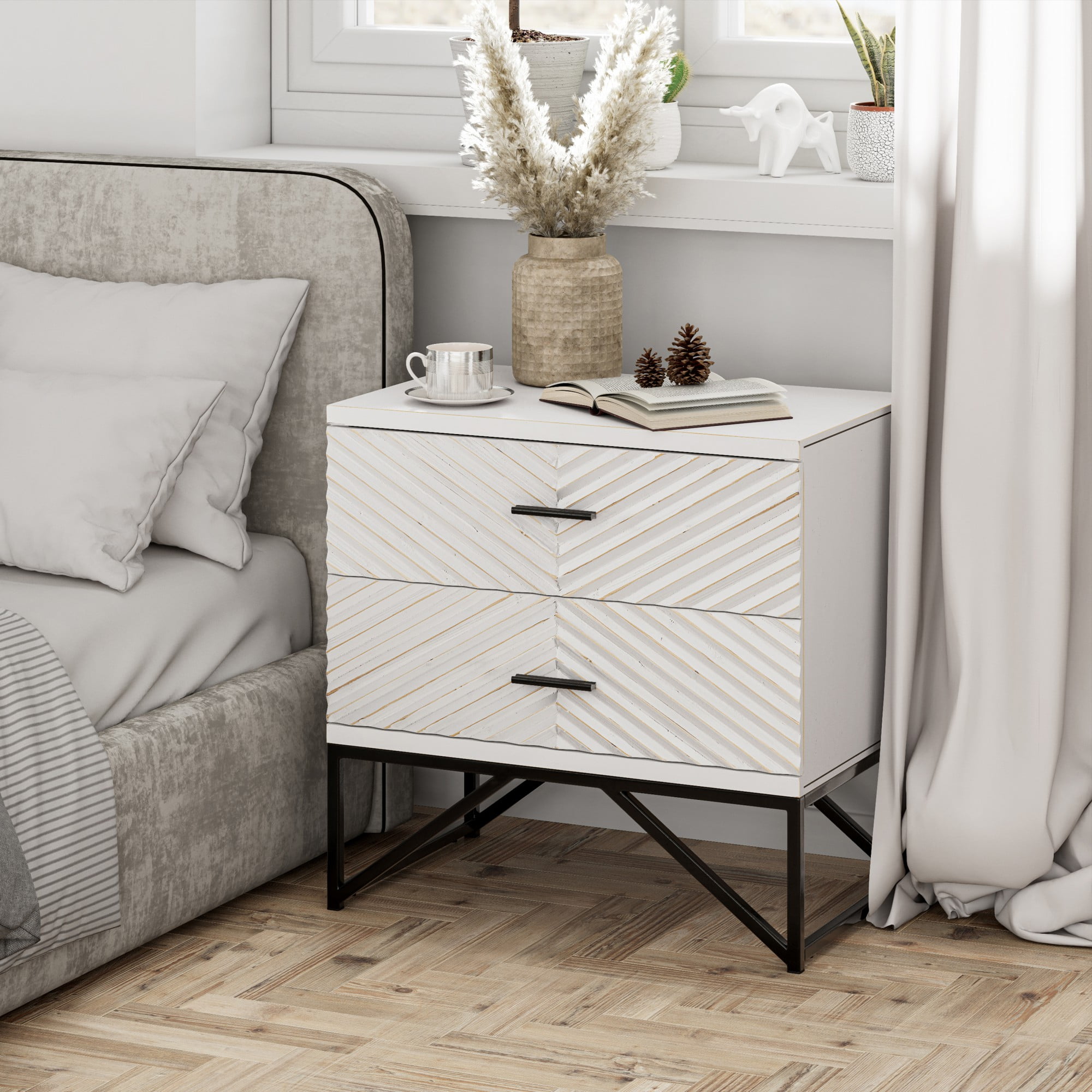 COZAYH Modern 2-Drawer Nightstand, Contemporary Line Accent End Side ...