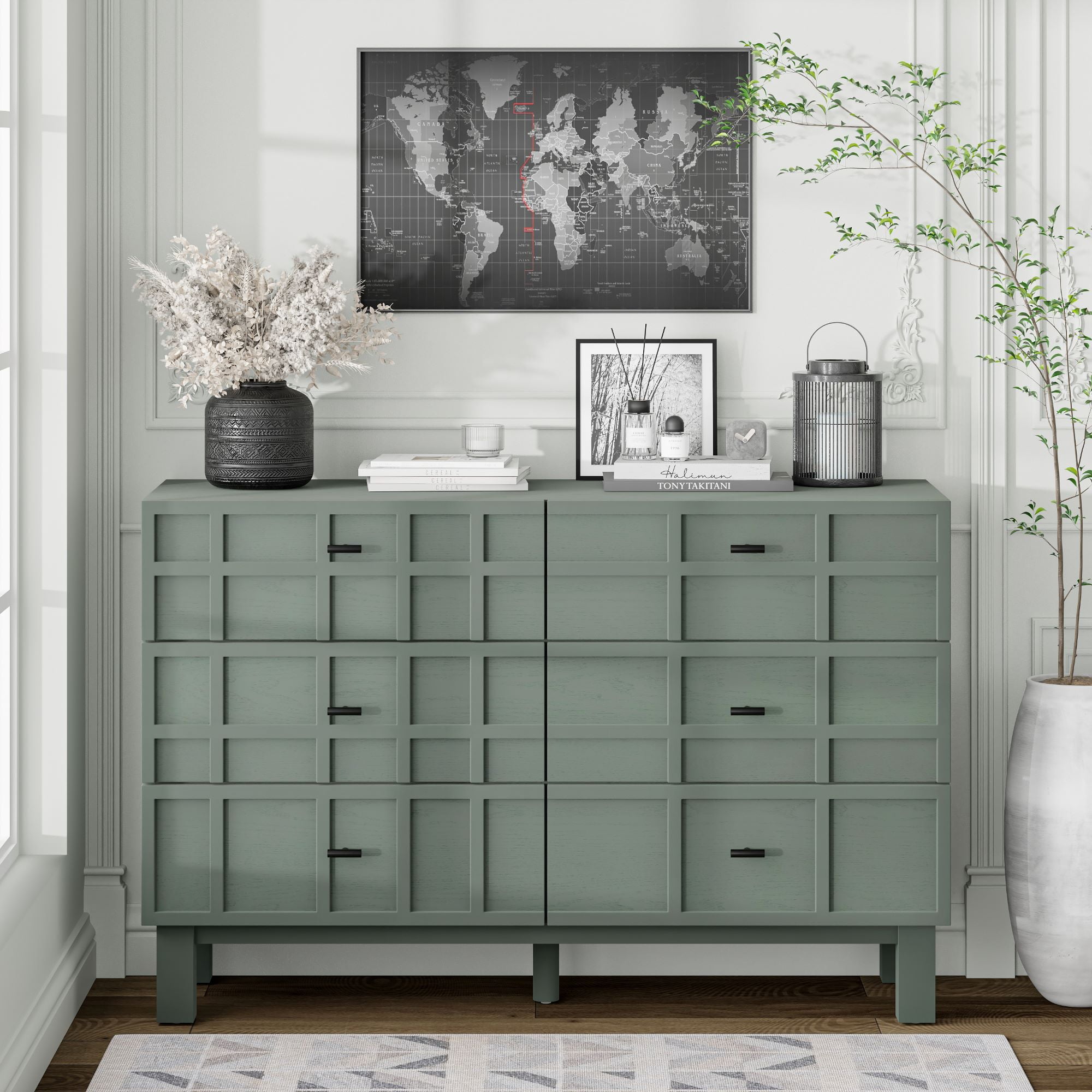 COZAYH Modern 6 Drawer Double Dresser with Grid Carved Pine Front ...