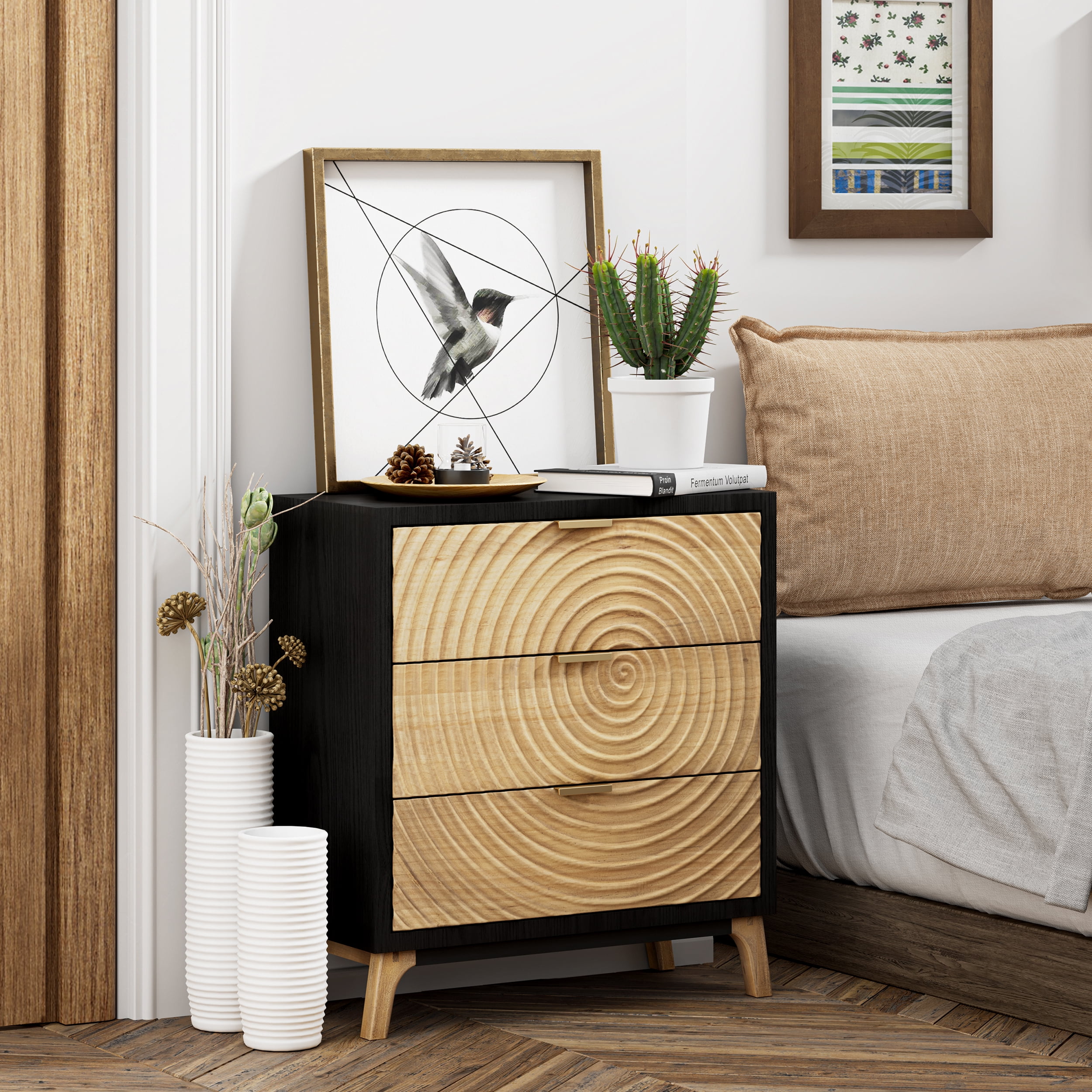 COZAYH Farmhouse Nightstands, 3-Drawer Black Stand with Wood Ring Motif ...