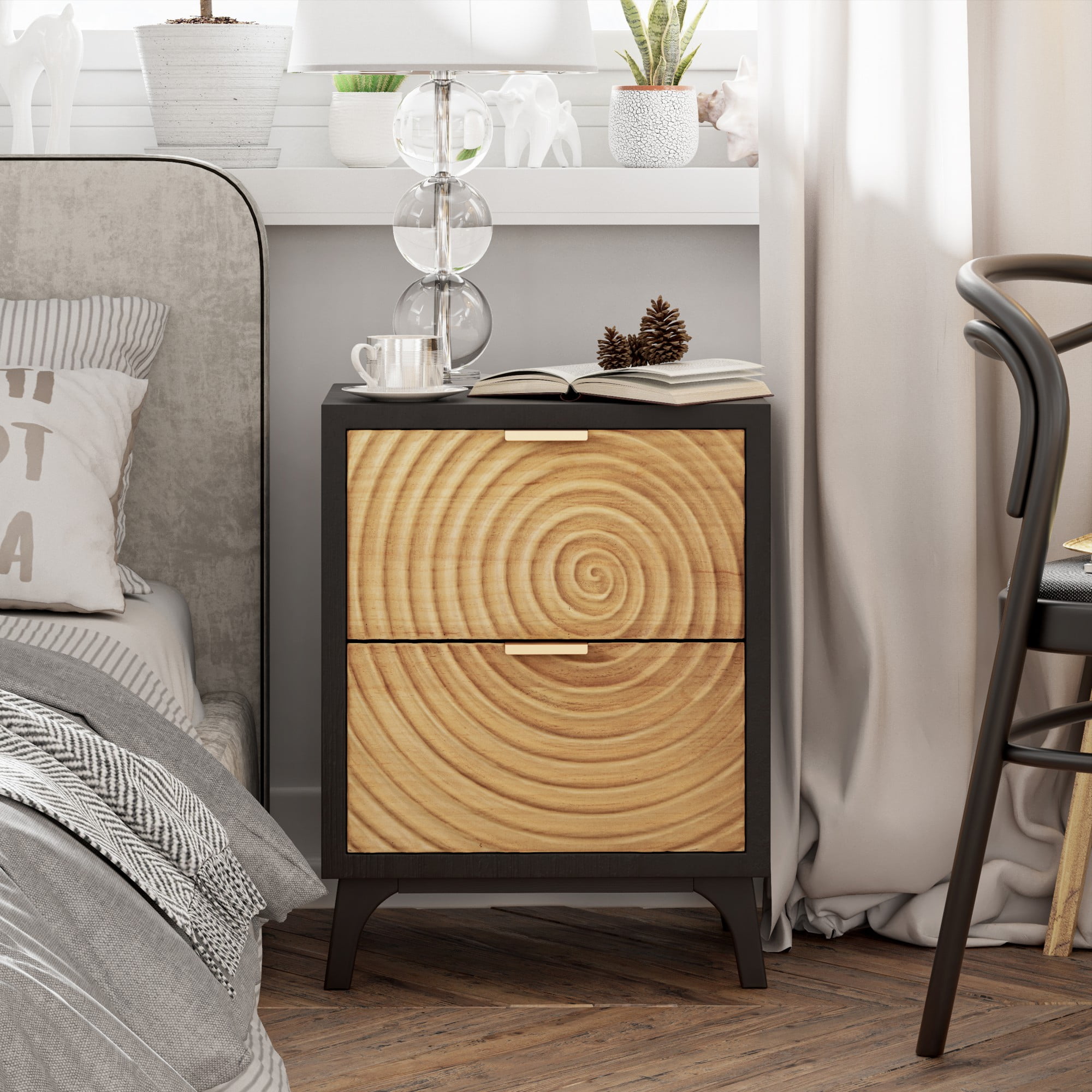 COZAYH Modern Farmhouse Nightstand, Drawer with Handcrafted Wood Ring ...