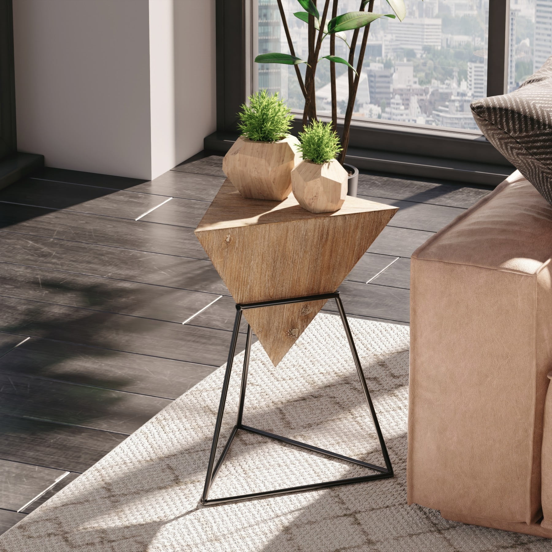 COZAYH Modern Geometric End Table with Wooden Top and Metal Base ...