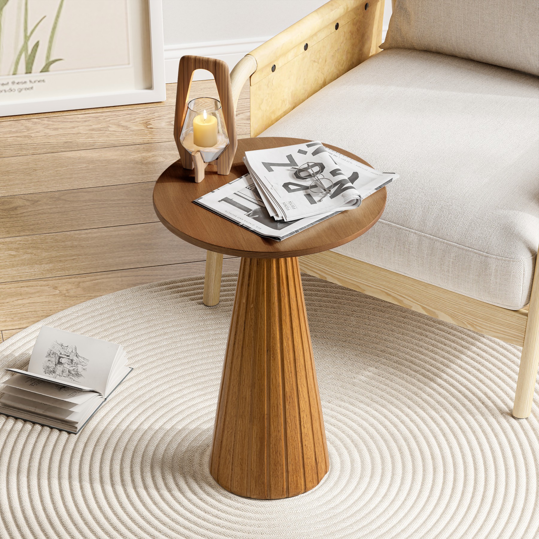 Round Solid Wood End Table Oak Pedestal Side Table Living Room ...