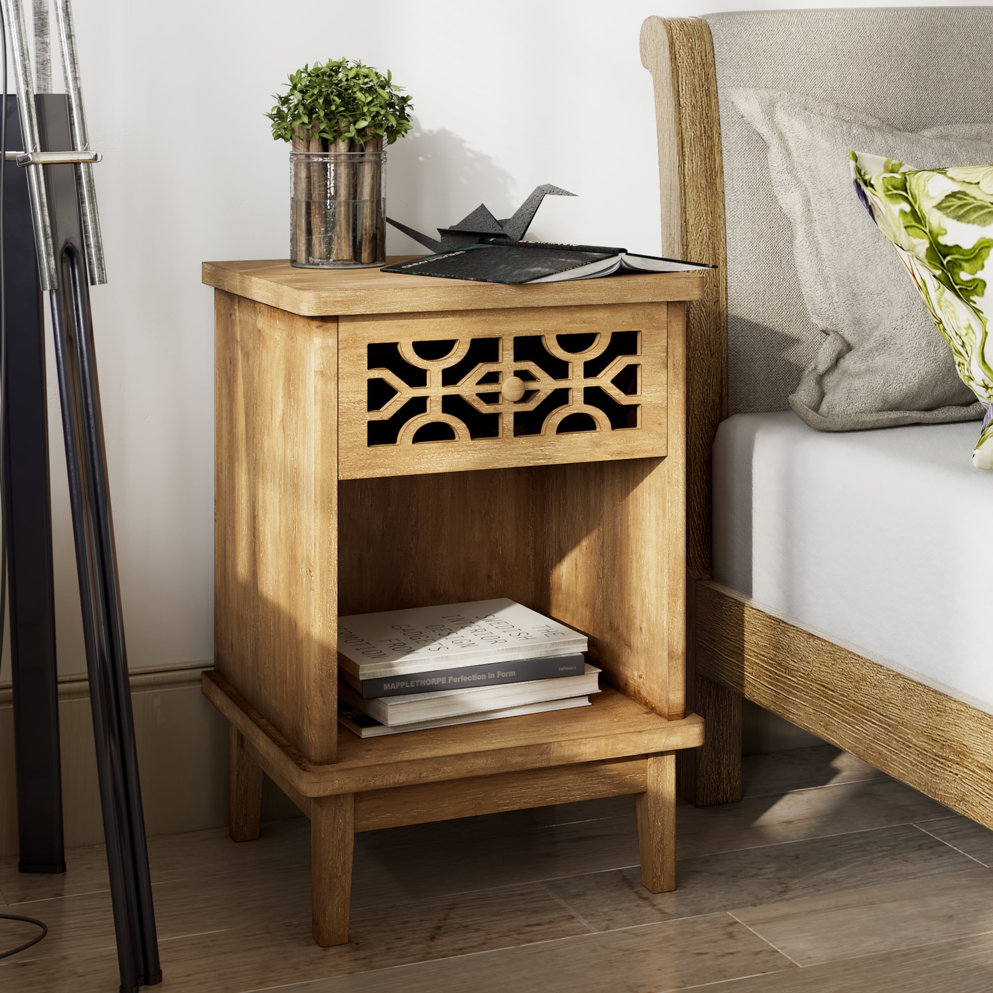 COZAYH Solid Fir Wood Nightstand, Rustic Side Table with Modern ...