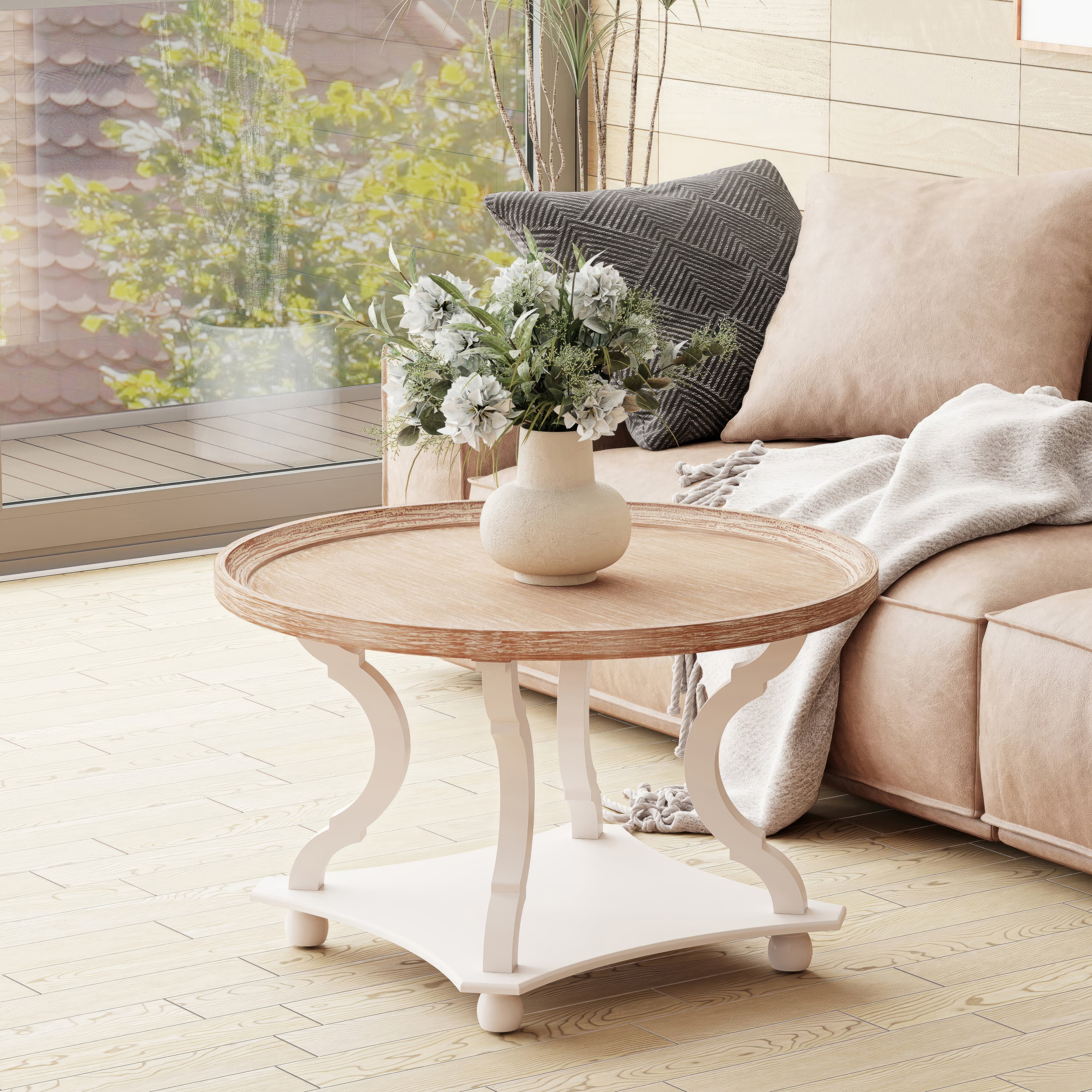 COZAYH Farmhouse Modern Round Coffee Table, White, Tray Top Wood ...