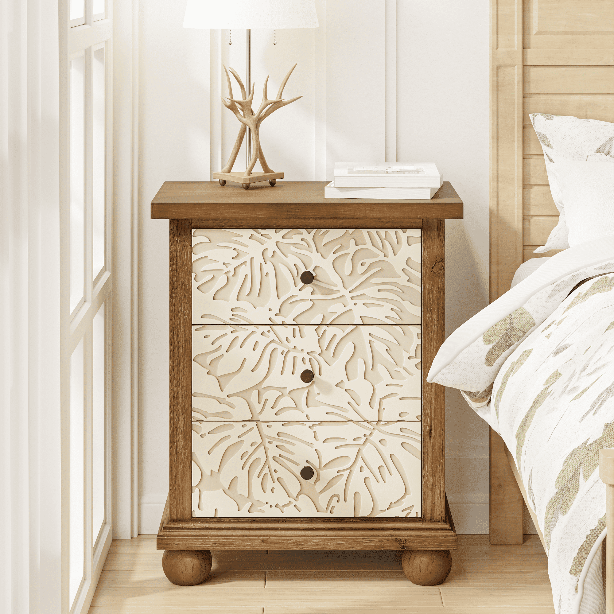 COZAYH Rustic Farmhouse Nightstand, 3-Drawer, Leaves Pattern Carved ...