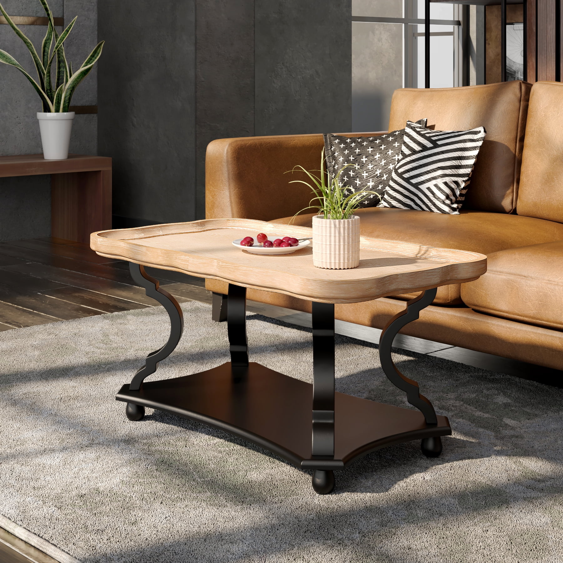 COZAYH Rustic Farmhouse Cottagecore Coffee Table, Natural Tray Top Sofa ...