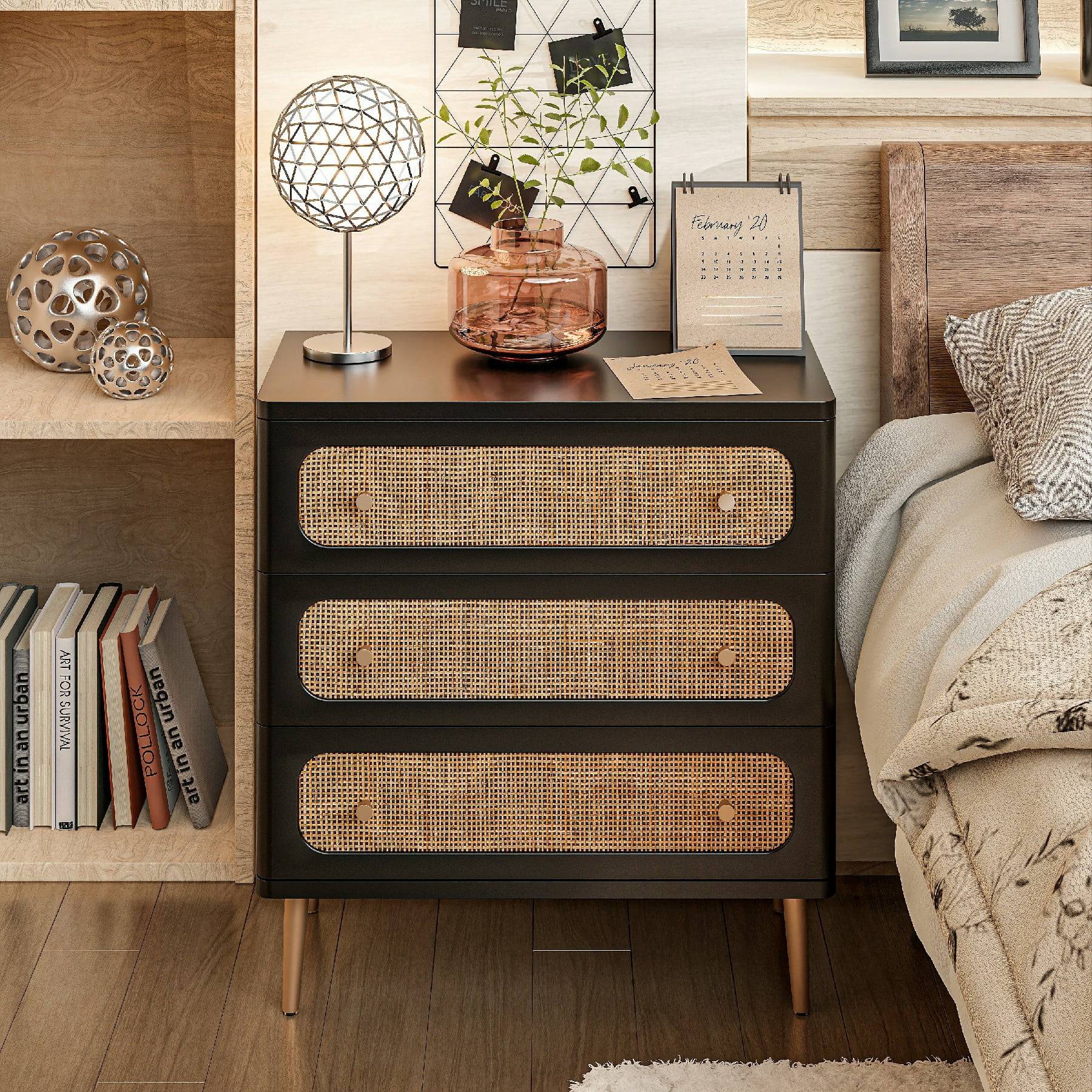 COZAYH Wicker Rattan Chest of Drawers 3 Drawer Dresser Black Finish Wooden Storage Cabinet Modern Farmhouse Accent Table Boho Mid Century Coastal Sideboard Walmart Business Supplies
