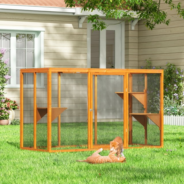 COZIWOW Wooden Outdoor Cat House, Catio with Platforms, Lockable Door ...