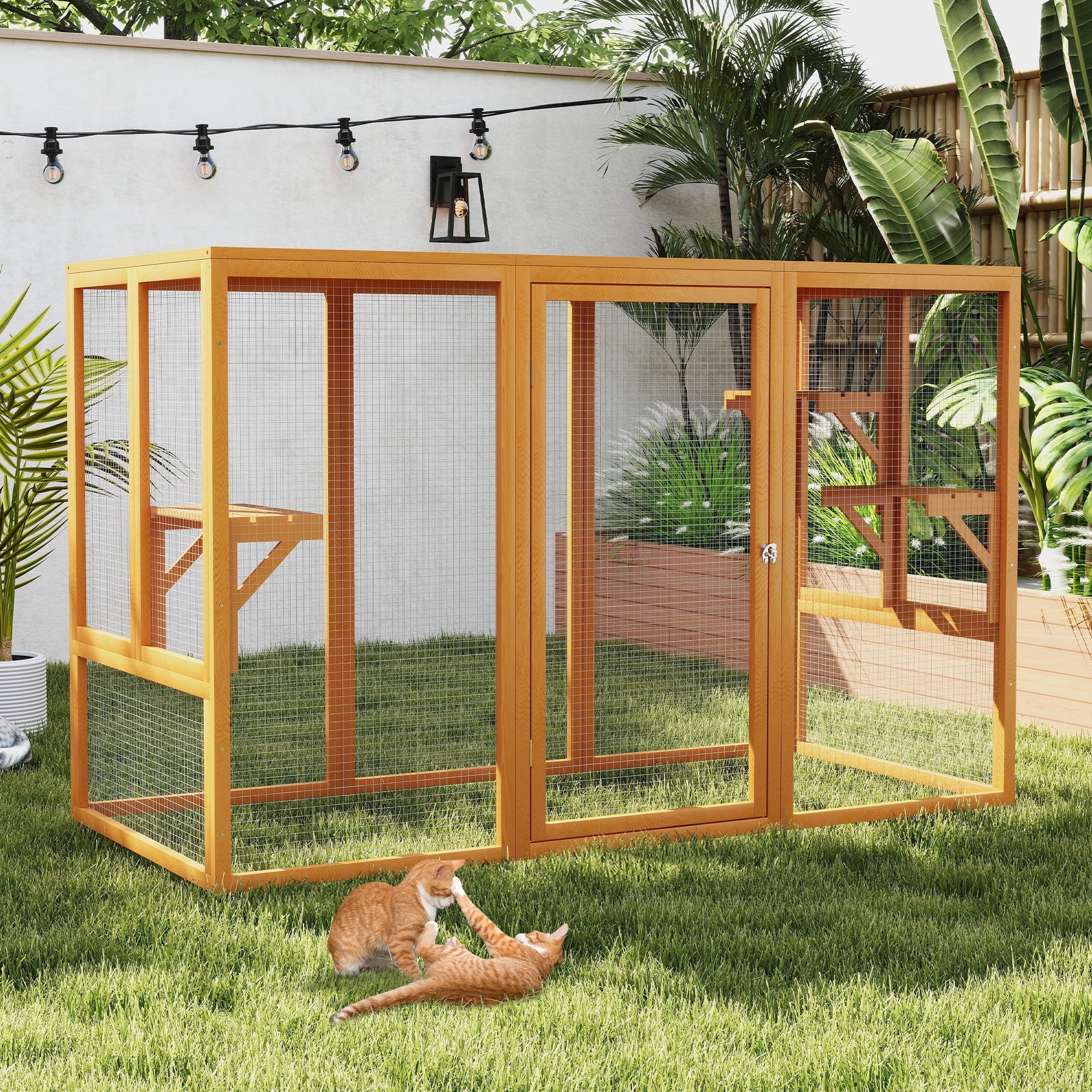 COZIWOW Wooden Outdoor Cat House, Catio with Platforms, Lockable Door ...