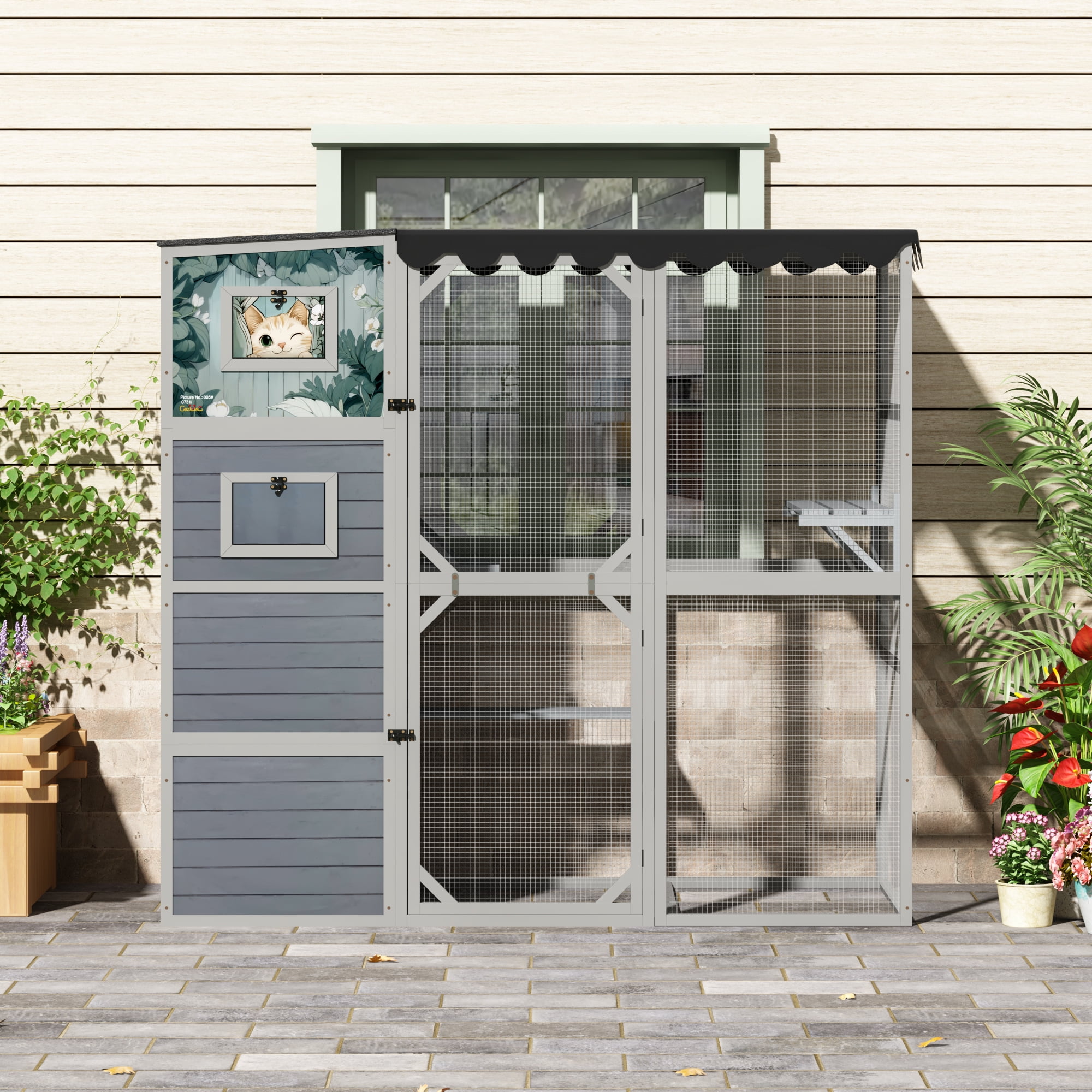 COZIWOW Wood Cat House Catio Outdoor Enclosure, 2 Resting Condos, 2 ...