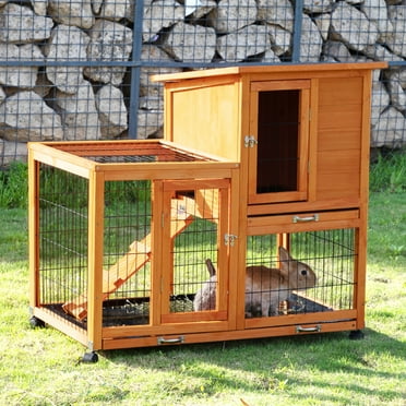 PawHut 2-Level Rabbit Hutch Bunny House with Weatherproof Asphalt Roof ...