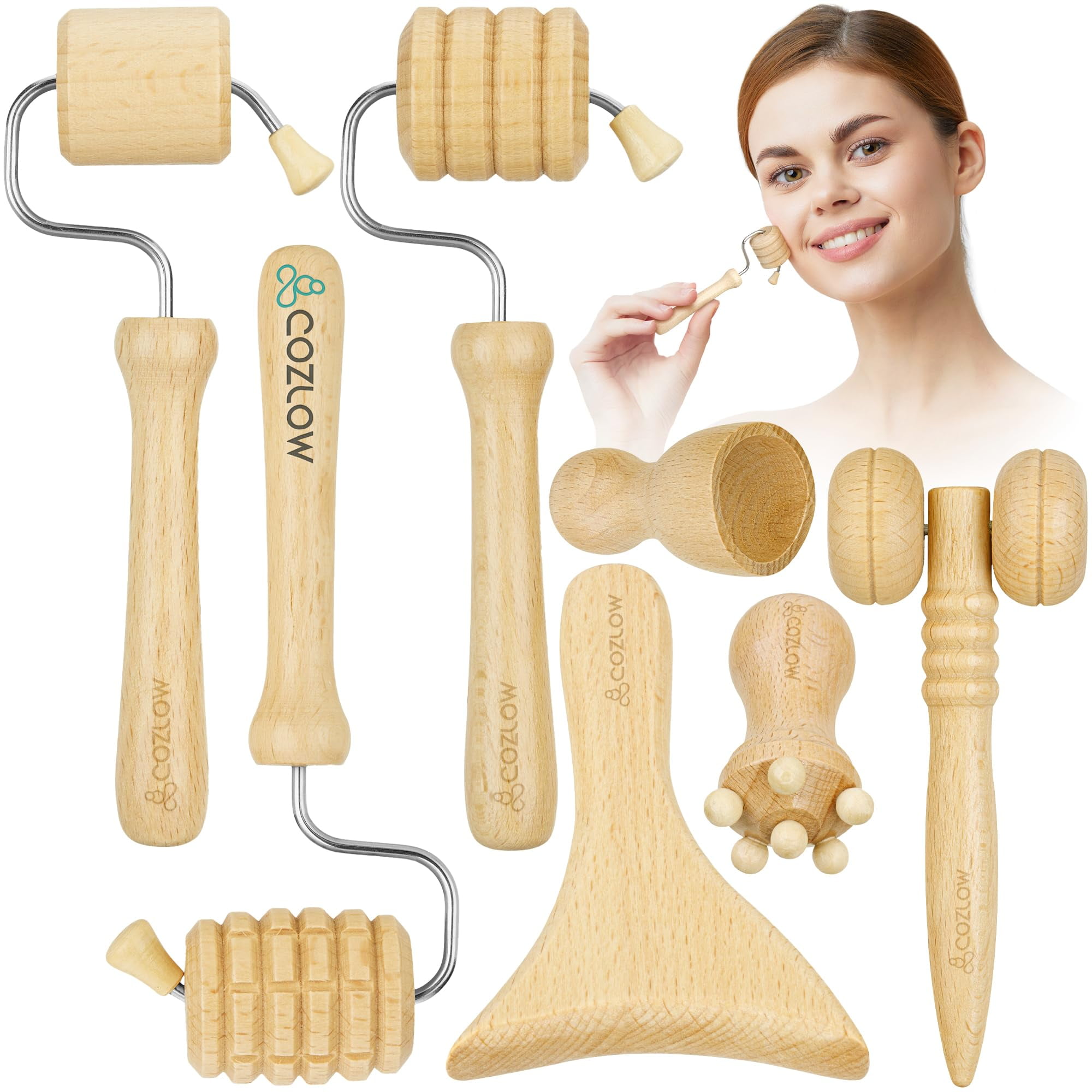 COZLOW Wood Therapy Facial TMA2 Massage Tools (7 Piece Set), Gua Sha ...
