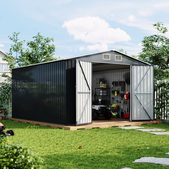 COZONY 10x12FT Outdoor Storage Shed, Galvanized Steel Utility Shed with ...