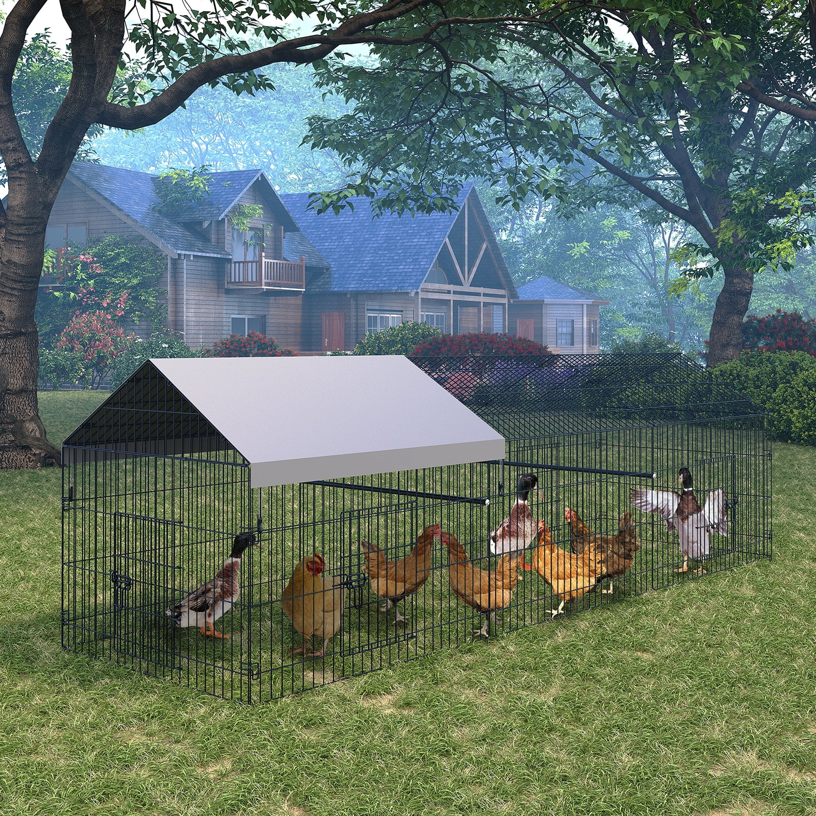 COZONY 130 inch Metal Free-Range Chicken Coop w/ Sun Protection Roof ...