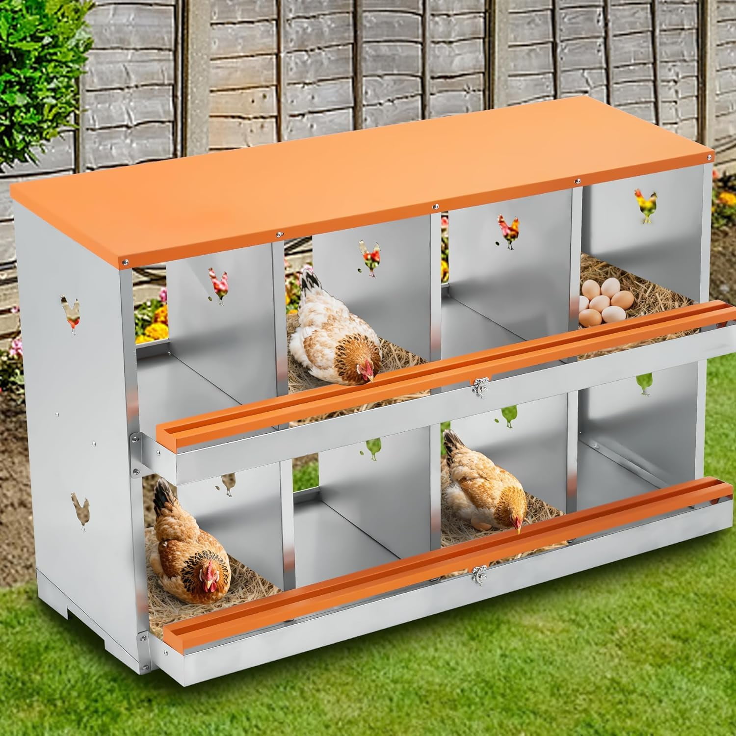 COZONY 2 layer & 6 compartment Metal Chicken Nesting Box w/ Swing Perch ...