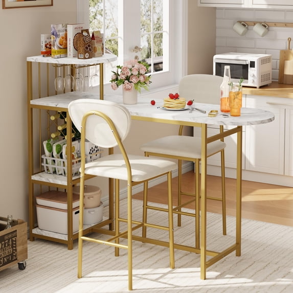 COZONY 3-Piece Bar Table Set, Marble Top Table with Upholstered Stools ...
