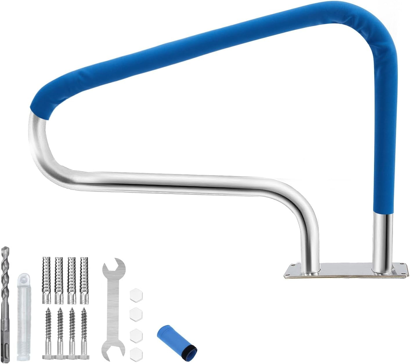 COZONY 32x22.5" Pool Handrail, Stainless Steel with Blue Grip, 375 lbs Capacity, Secure for ...