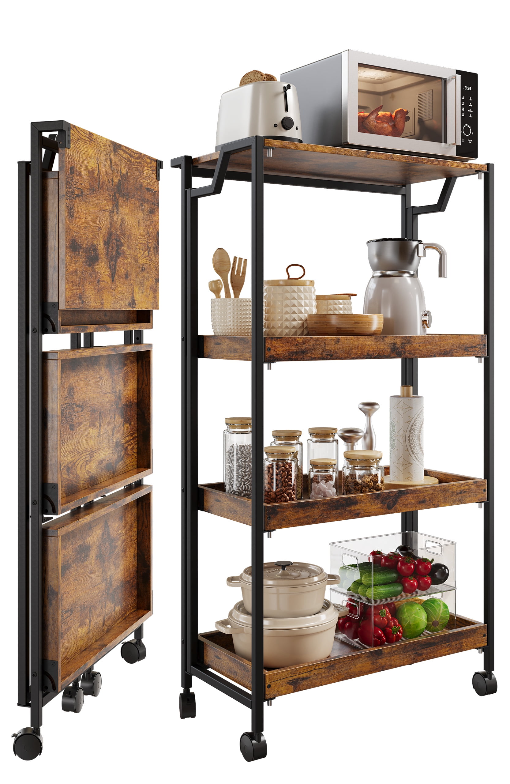 COZONY 4-Tier Wooden Folding Storage Shelf Cart - Expandable Kitchen ...