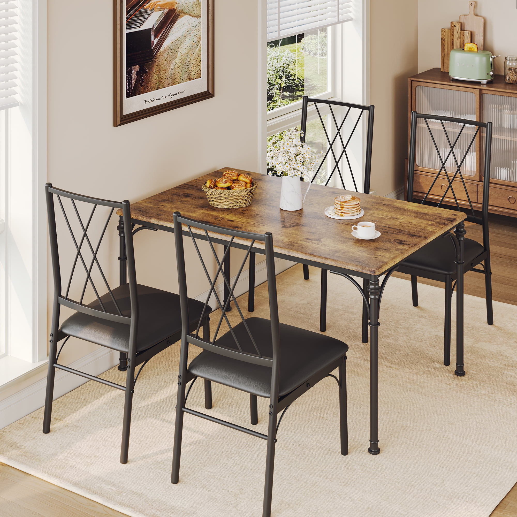 COZONY 5-Piece Dining Table Set, Rectangular Metal & Wood Kitchen Table ...