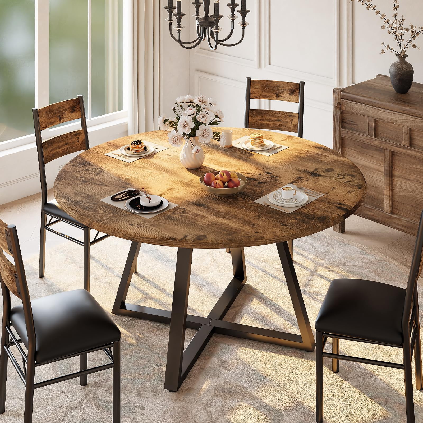 COZONY 5-Piece Round Dining Set for 4, Wood Table with 4 Upholstered ...