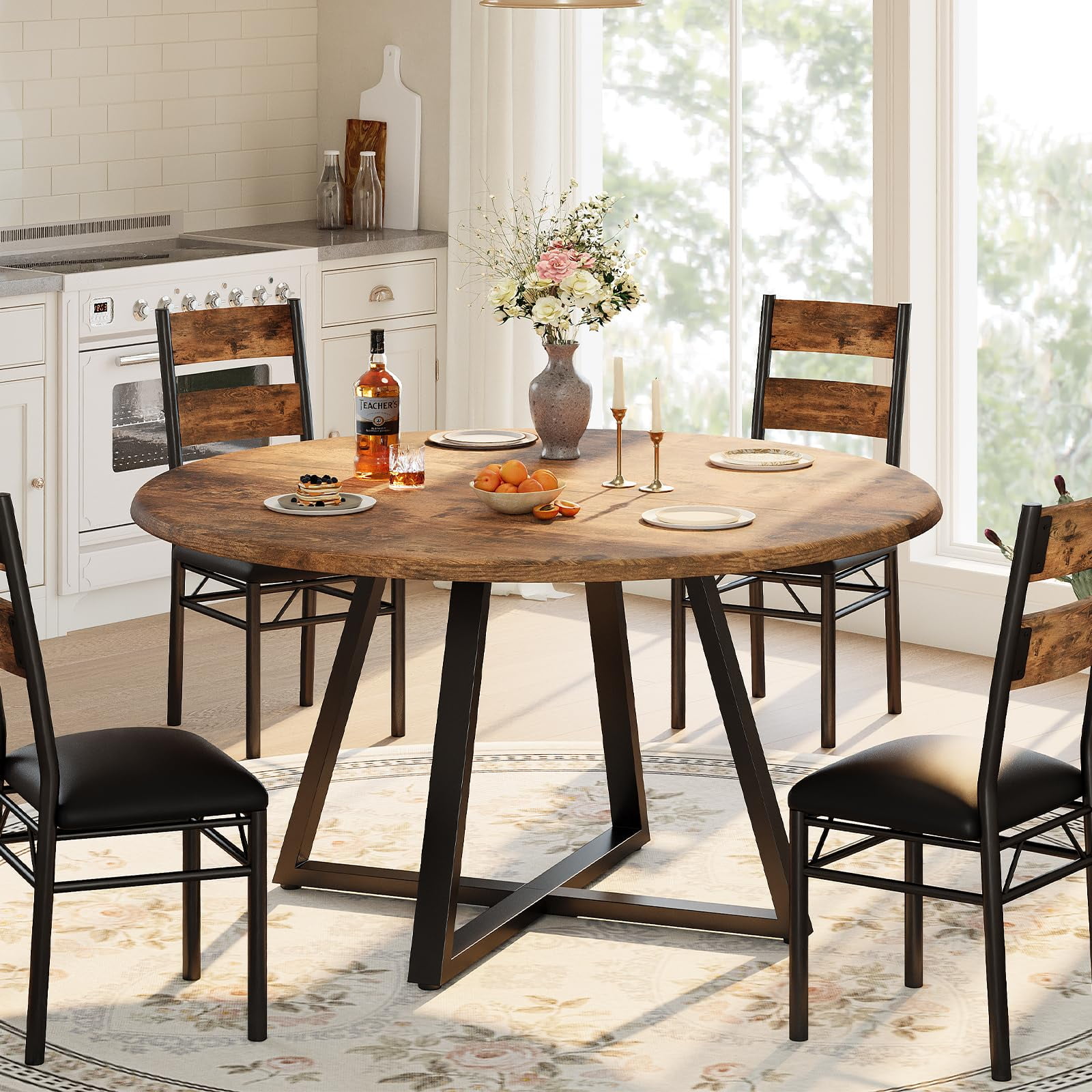 COZONY 5-Piece Round Dining Set for 4, Wood Table with 4 Upholstered ...