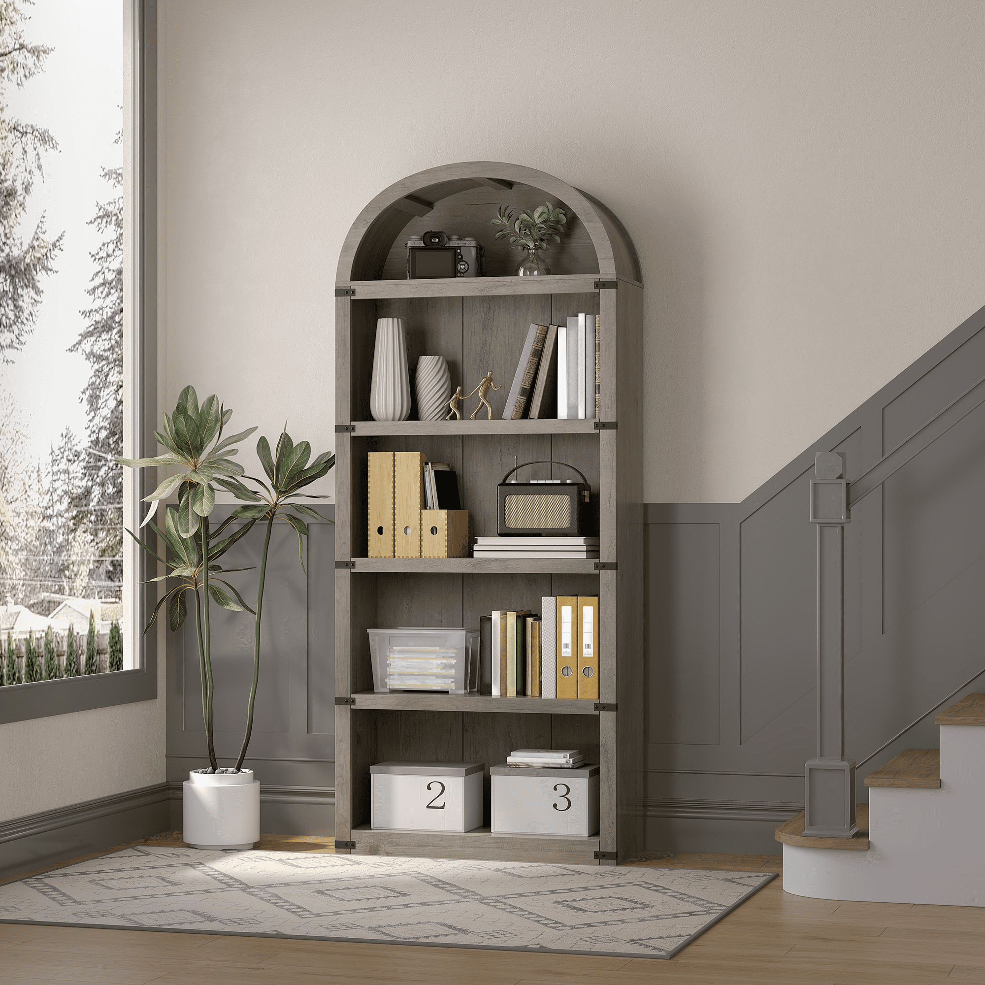 COZONY 5-Tier White Arched Bookcase with Large Wood Shelves, Modern ...