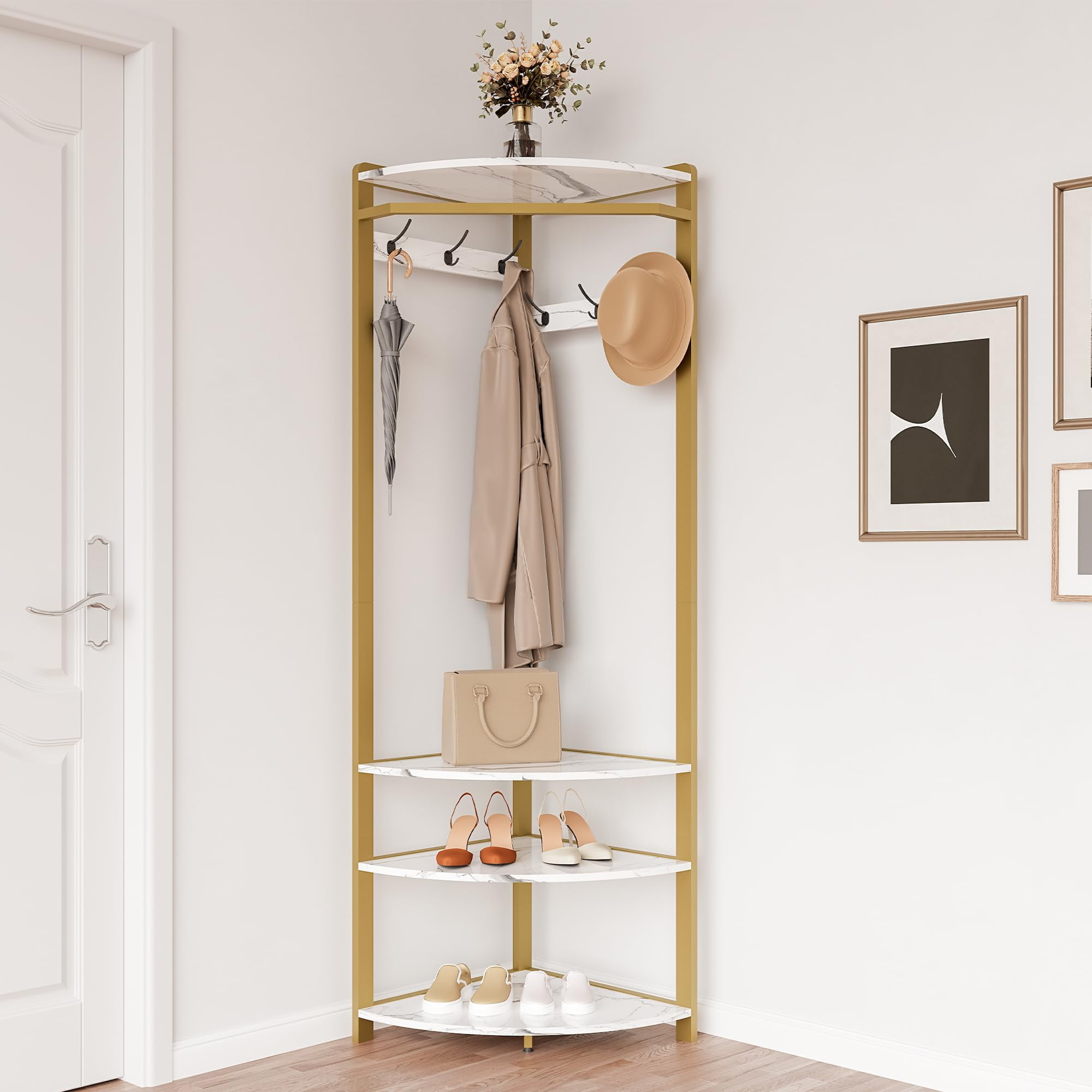 COZONY Corner Coat Rack, Corner Hall Tree with 6 Double Hooks & Shoe ...