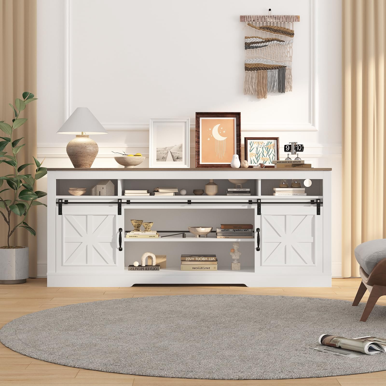 COZONY Farmhouse TV Console for 75" TV, 66" Media Cabinet with Sliding ...