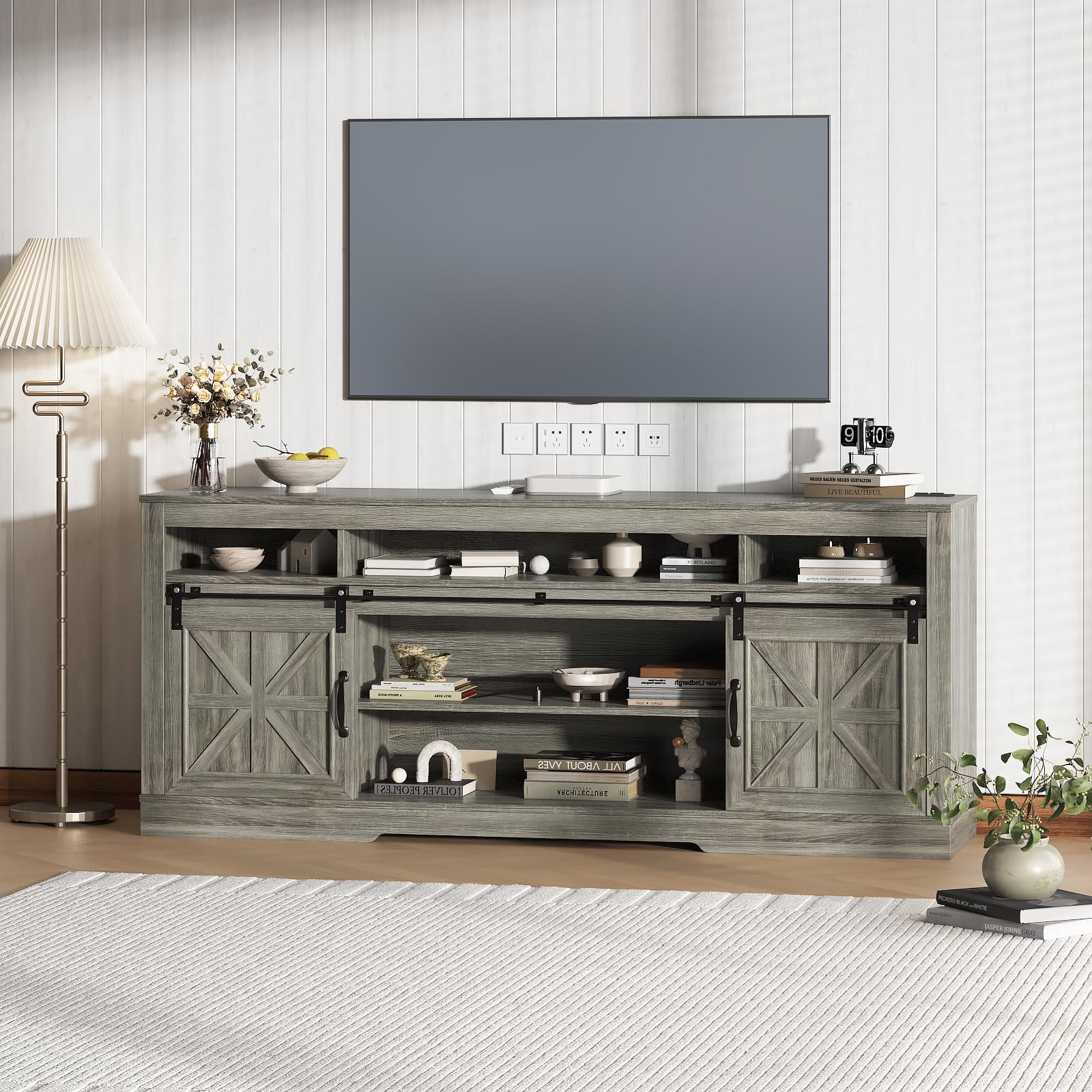 COZONY Farmhouse TV Console for 75" TV, 66" Media Cabinet with Sliding ...