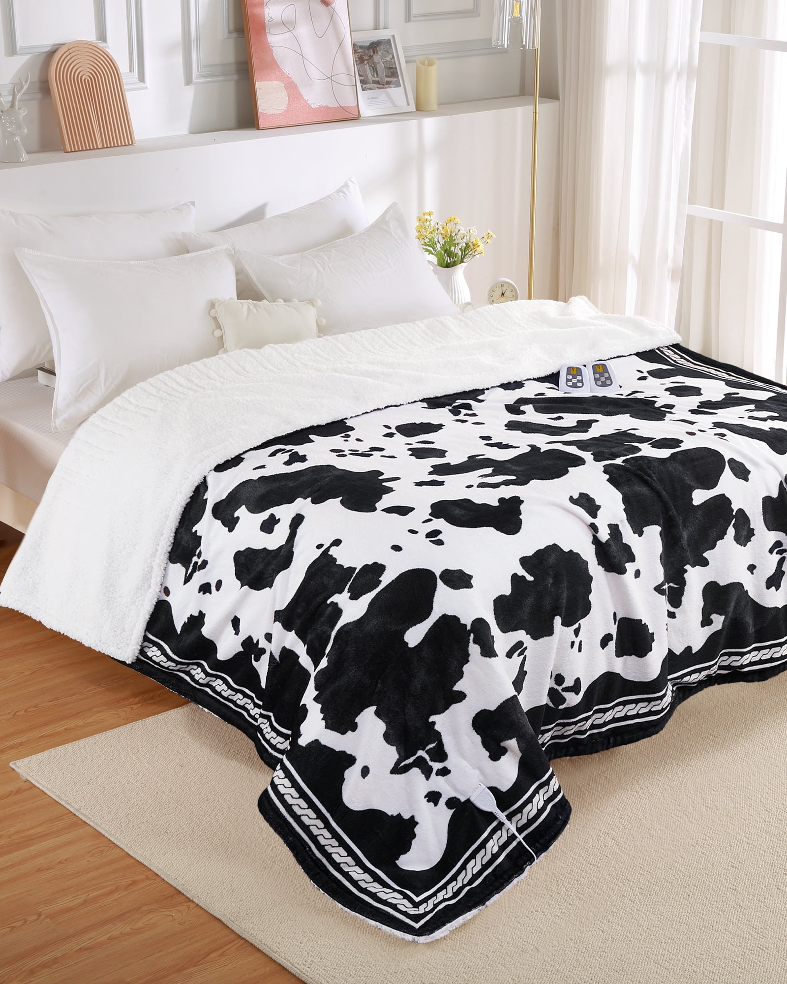 COZONY Heated Electric Blanket Queen 84"x90", Cow Print, Dual LCD ...