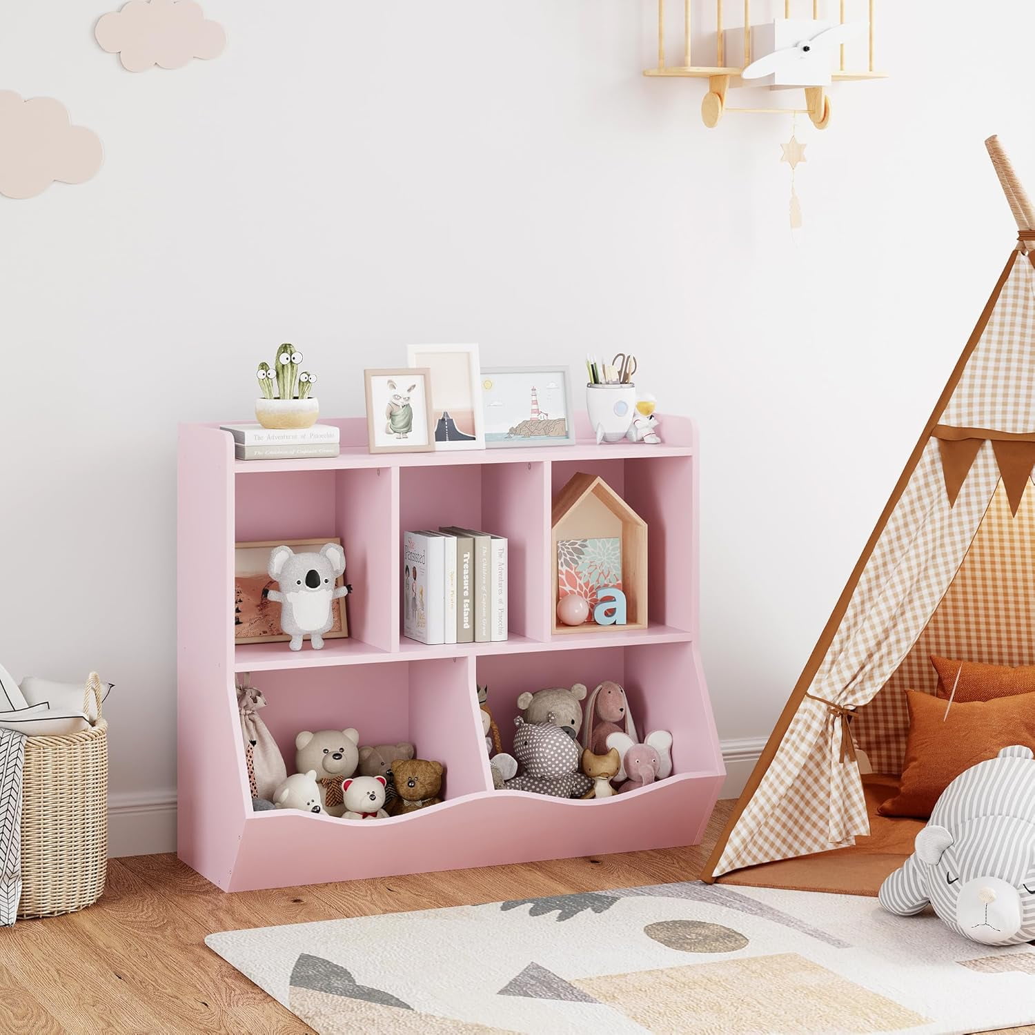 COZONY Kids Bookshelf, Toy Storage Cabinet, 5 Small Compartment ...