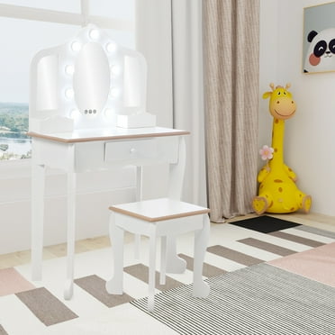 Ktaxon Kids' Wooden Vanity Table and Stool Set with LED Lights ...