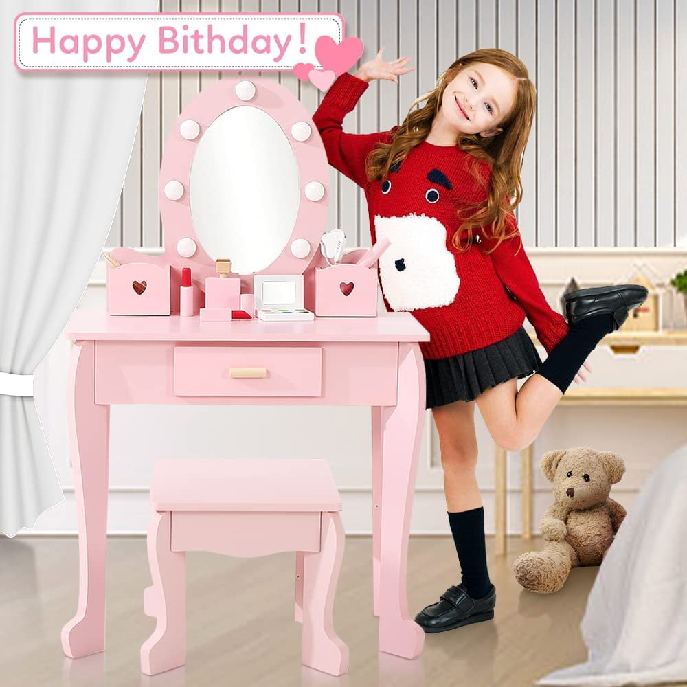 COZONY Kids Vanity Table with Mirror, Makeup Dressing Chair Set and 3 ...