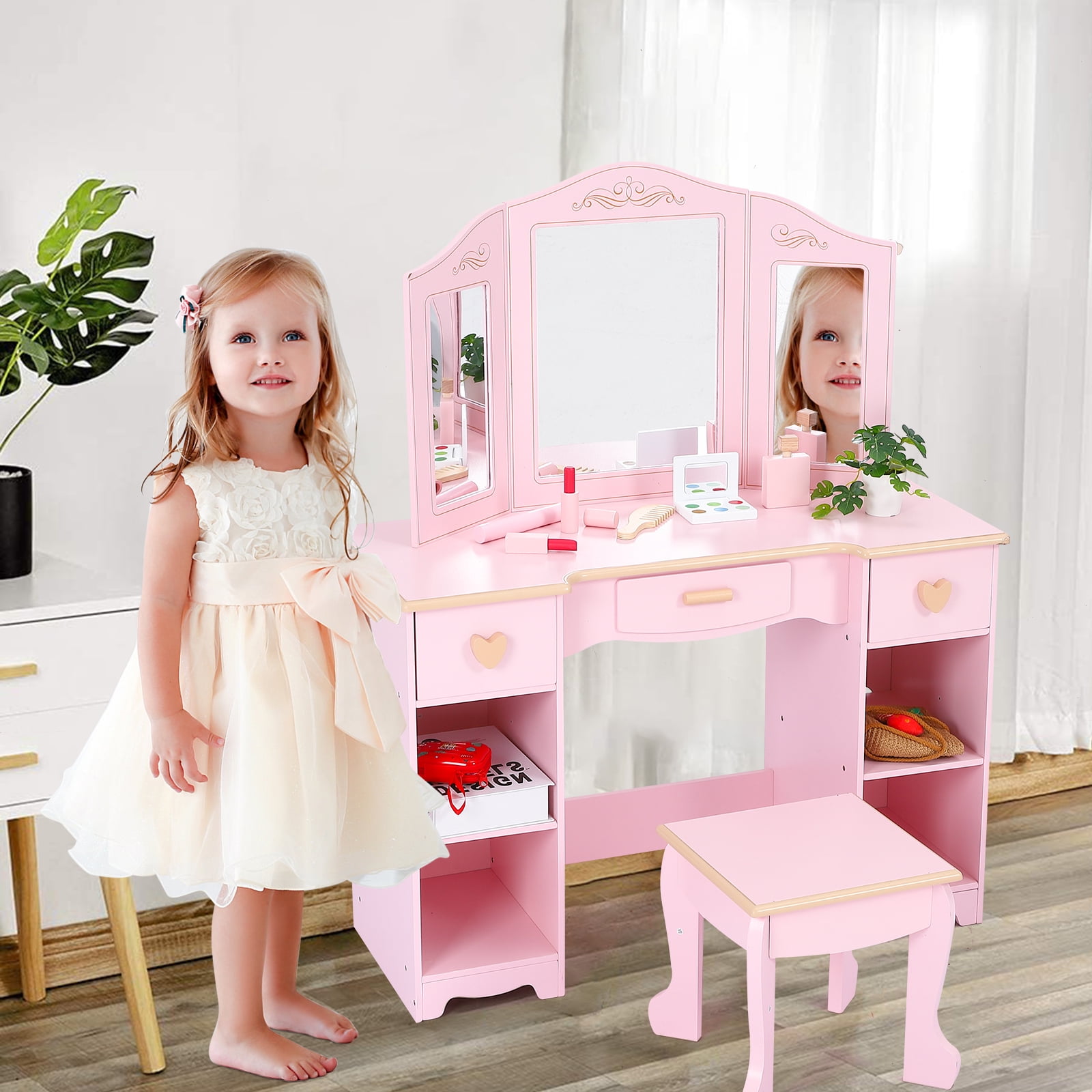 COZONY Kids Vanity Table, Tri-Folding Mirror and Makeup Dressing Chair ...