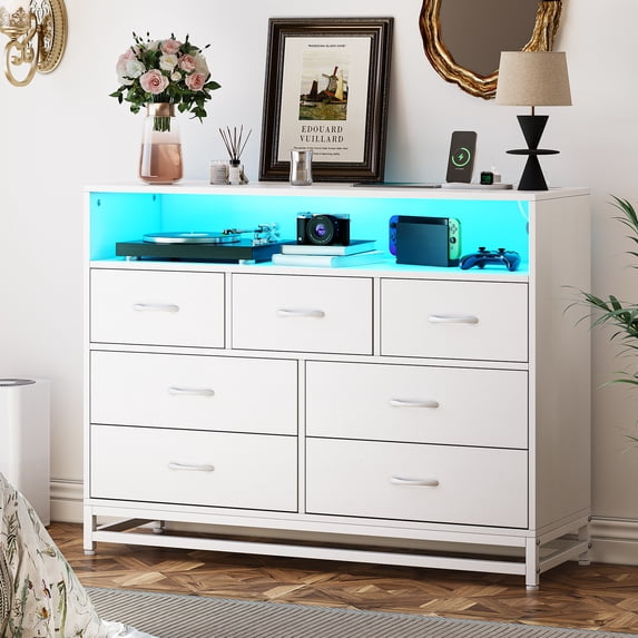 COZONY White Farmhouse Chic TV Stand w/ 7 Drawers, Engineered Wood ...