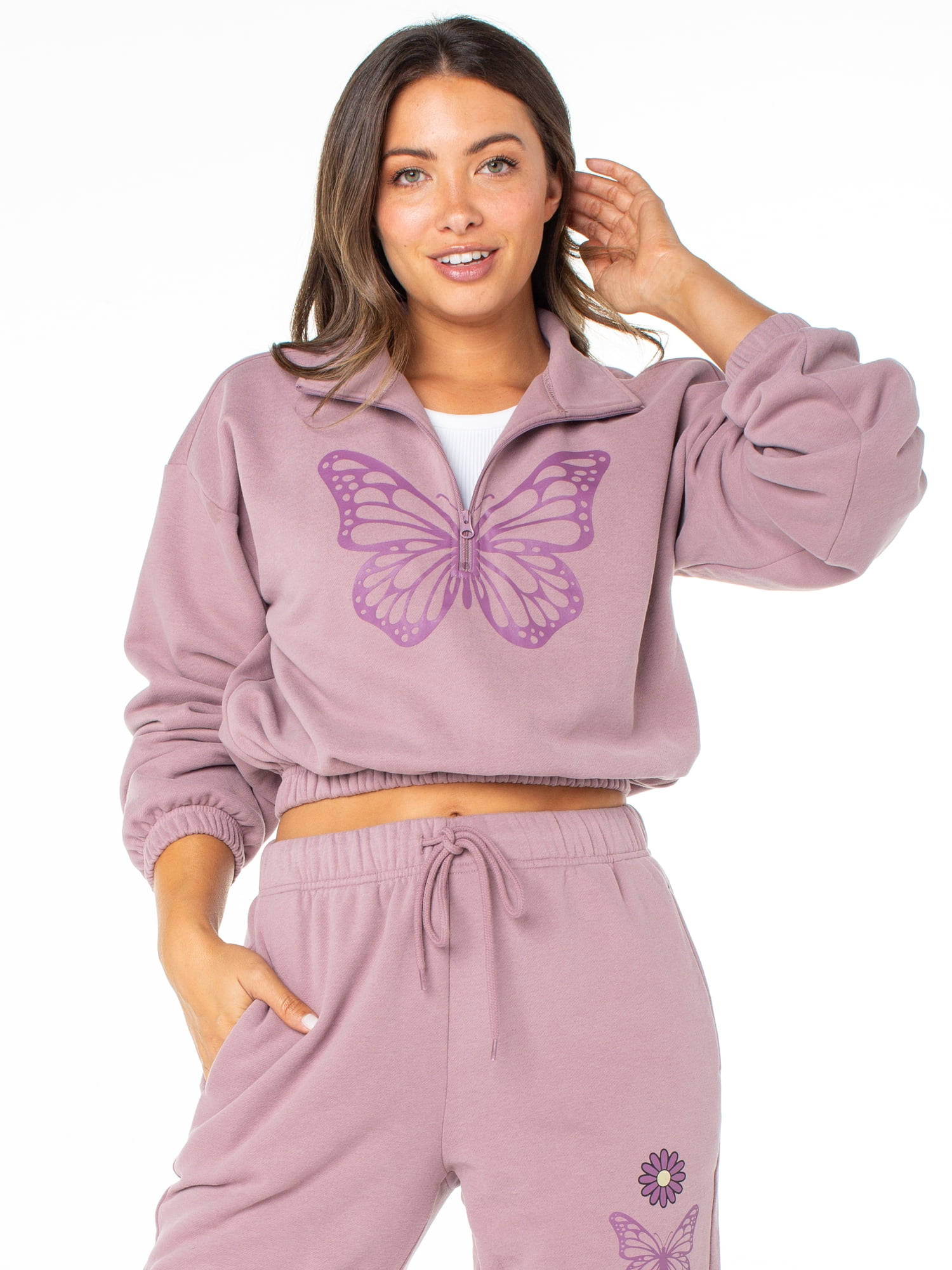 Celebrity Pink Juniors Cropped Half Zip Sweatshirt with Butterfly Print ...