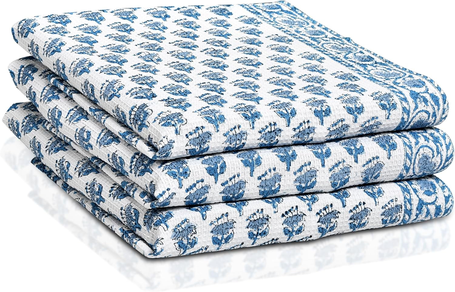 CPC Apatite Blue Hand Block Print Waffle Kitchen Towel Set of 3-16 x28 ...